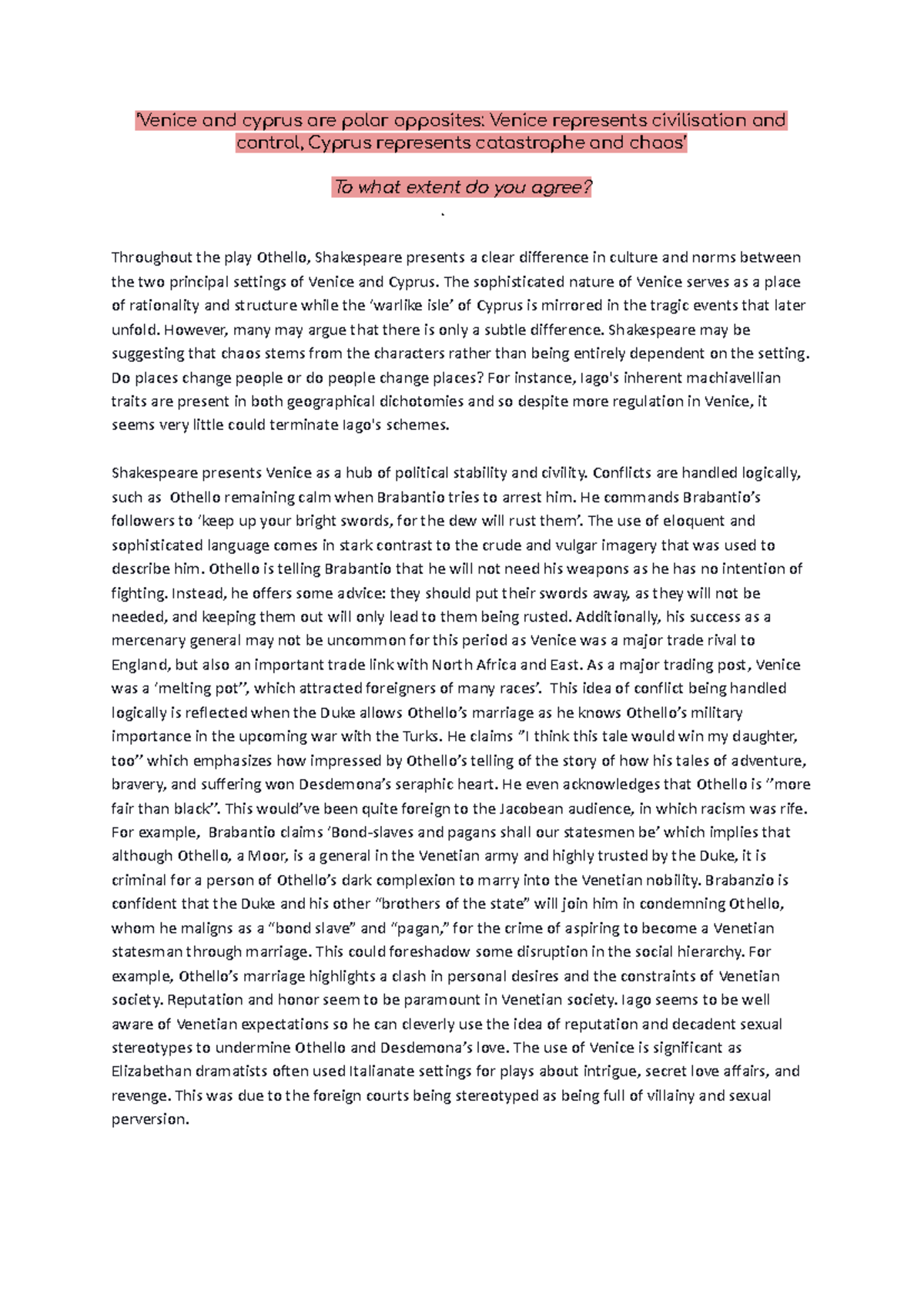 Essay - Othello: Geographical Dichotomy between Venice and Cyprus - Studocu