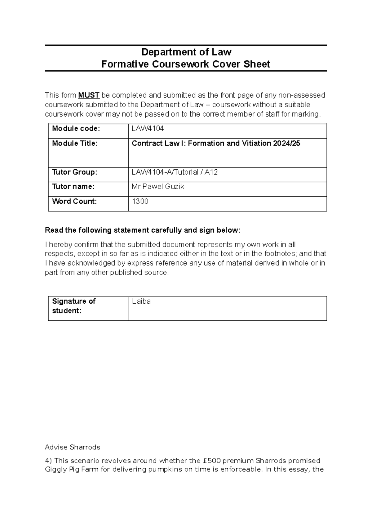 LAW4104 Contract Law I: Formation and Vitiation Formative Essay - Studocu