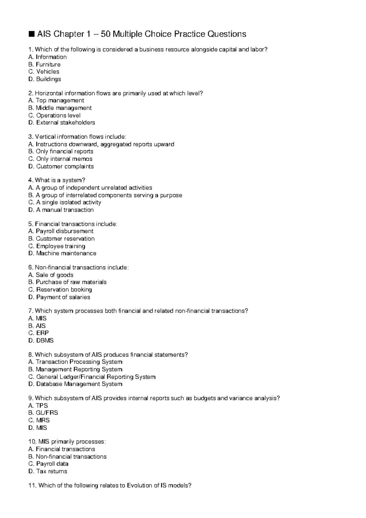 AIS Chapter 1 Practice Test: 50 MCQs for Review - Studocu