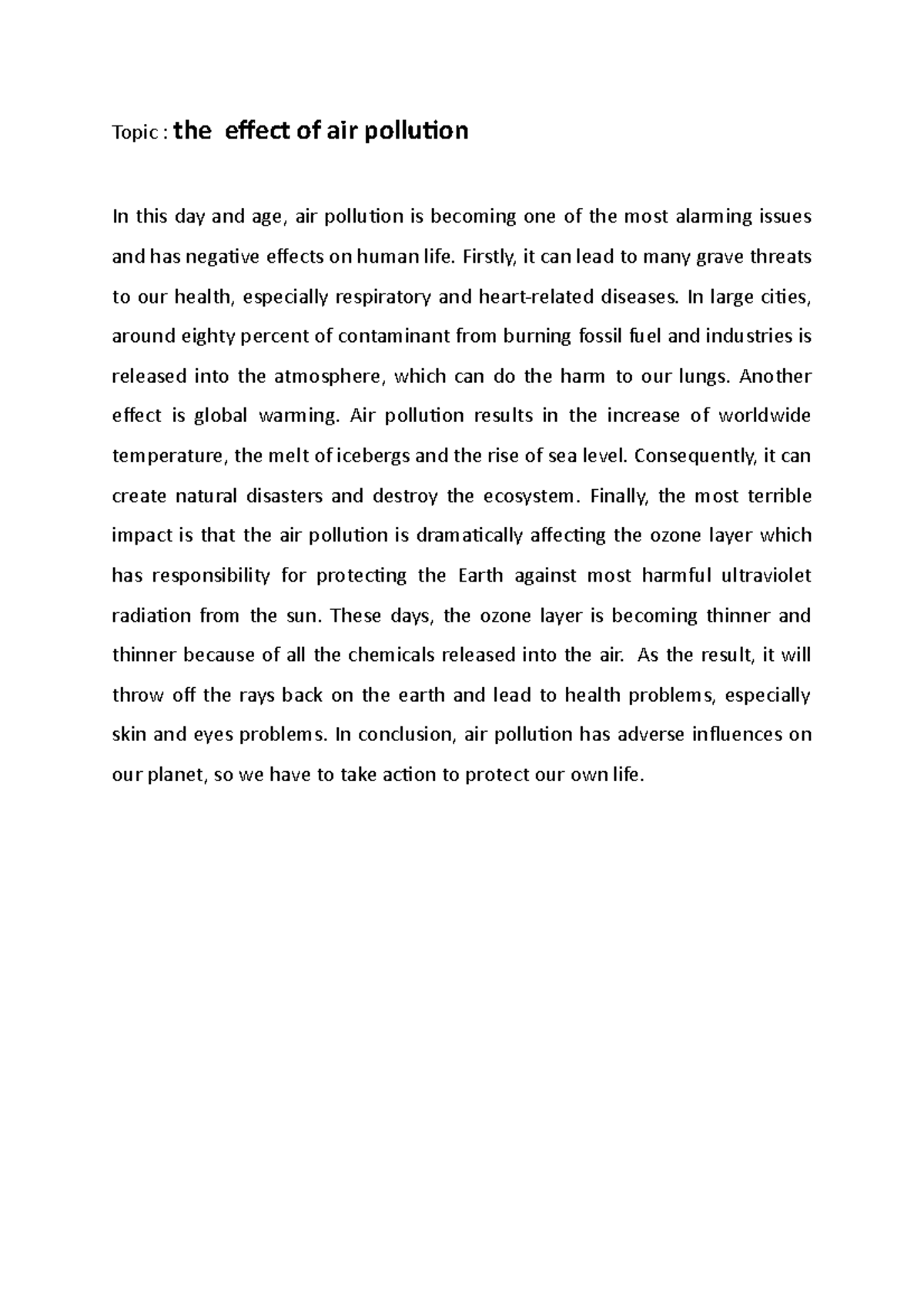 Effect of air pollution - Topic : the effect of air pollution In this ...