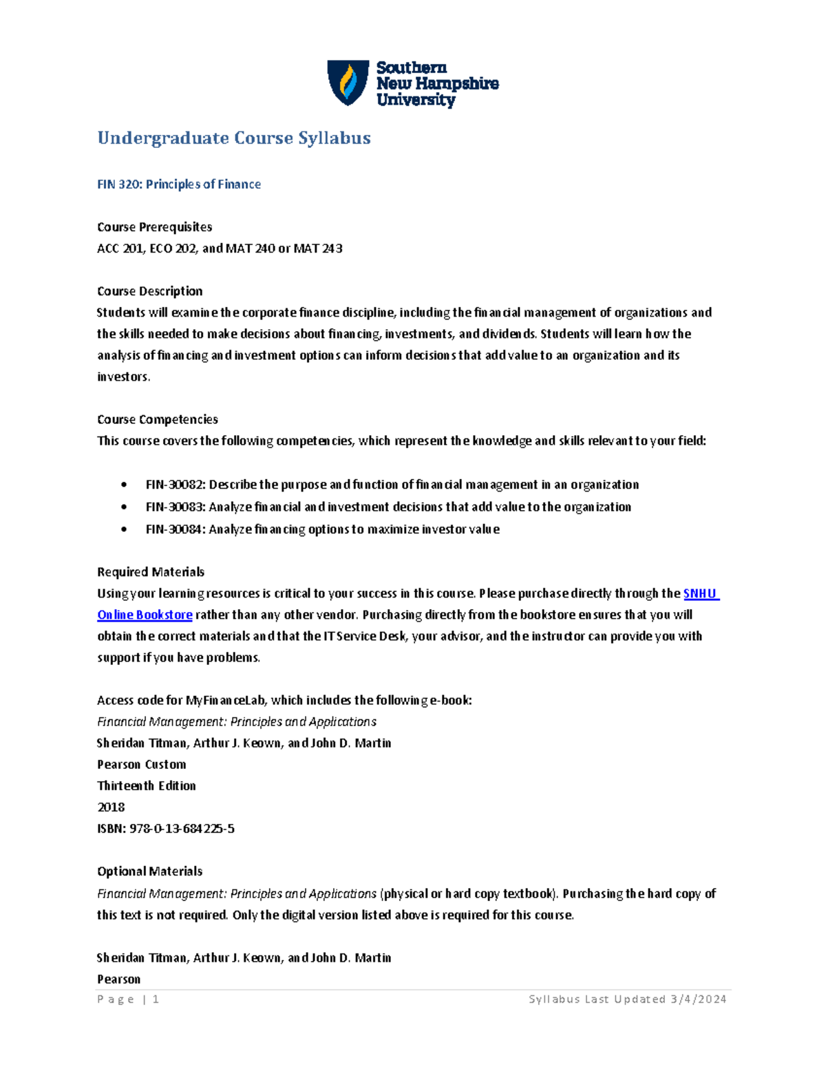 FIN 320: Principles of Finance Course Syllabus and Guidelines - Studocu