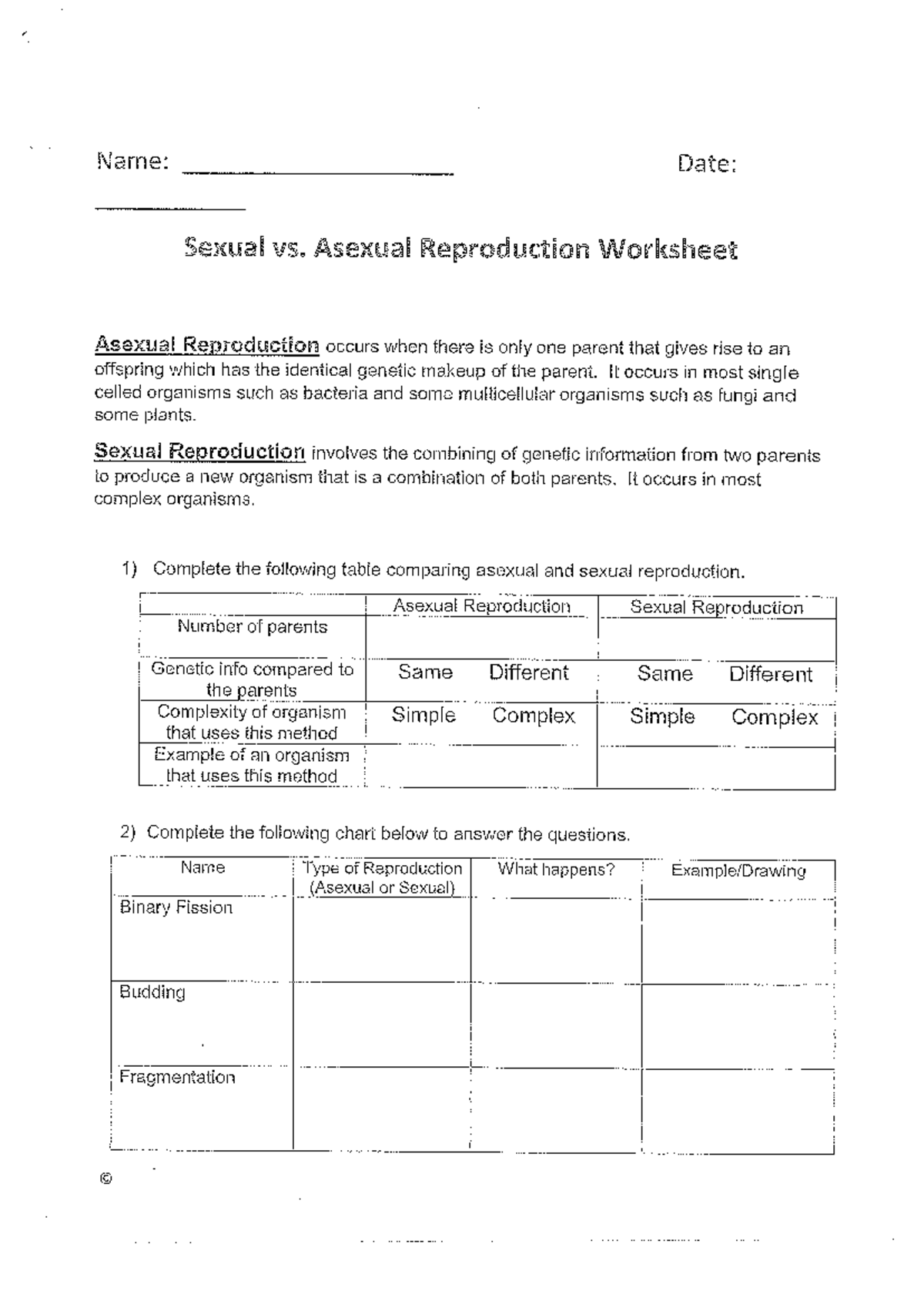 Sexual vs Asexual Reproduction Worksheet (Bio 101) - Studocu