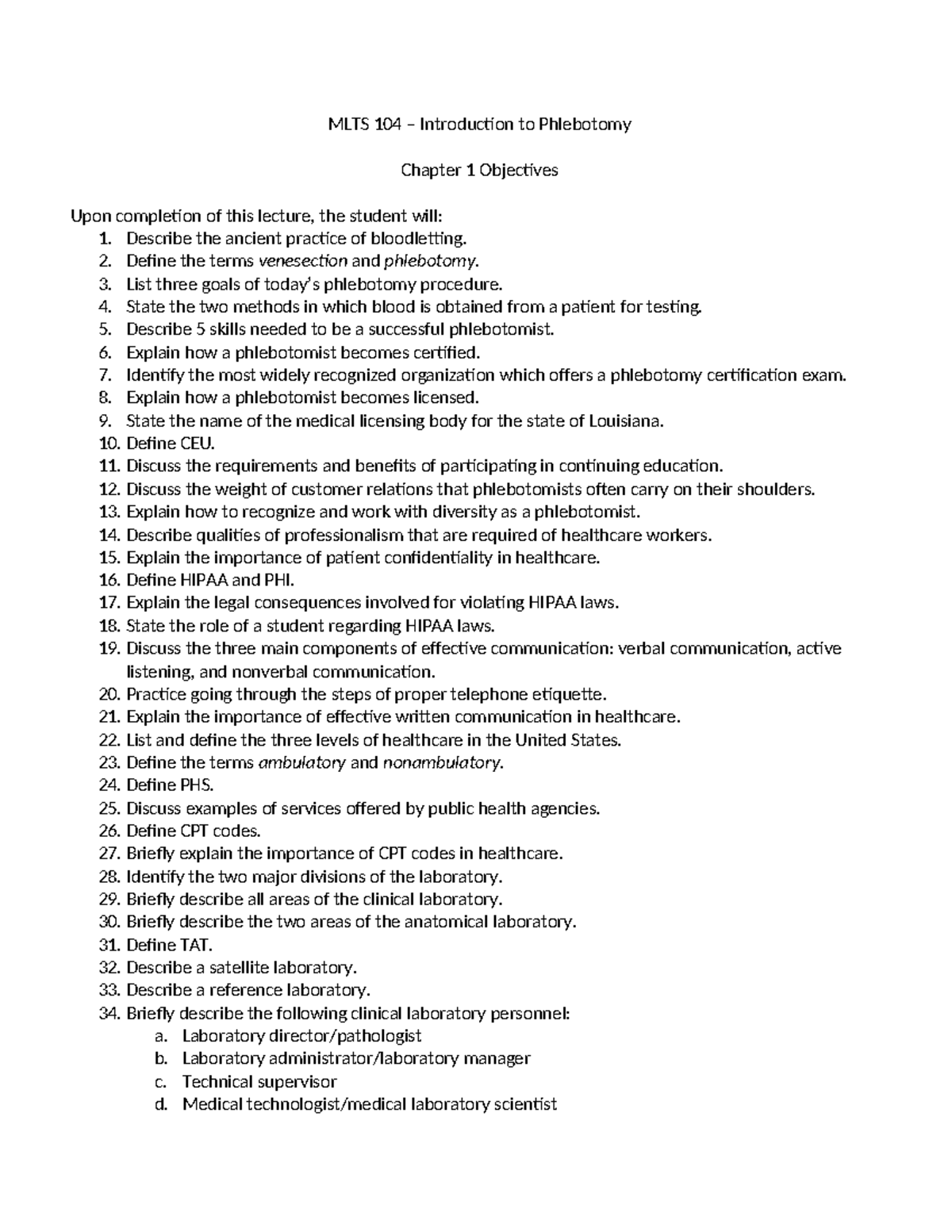 MLTS 104 Introduction to Phlebotomy Lecture Notes: Chapter 1 Objectives ...