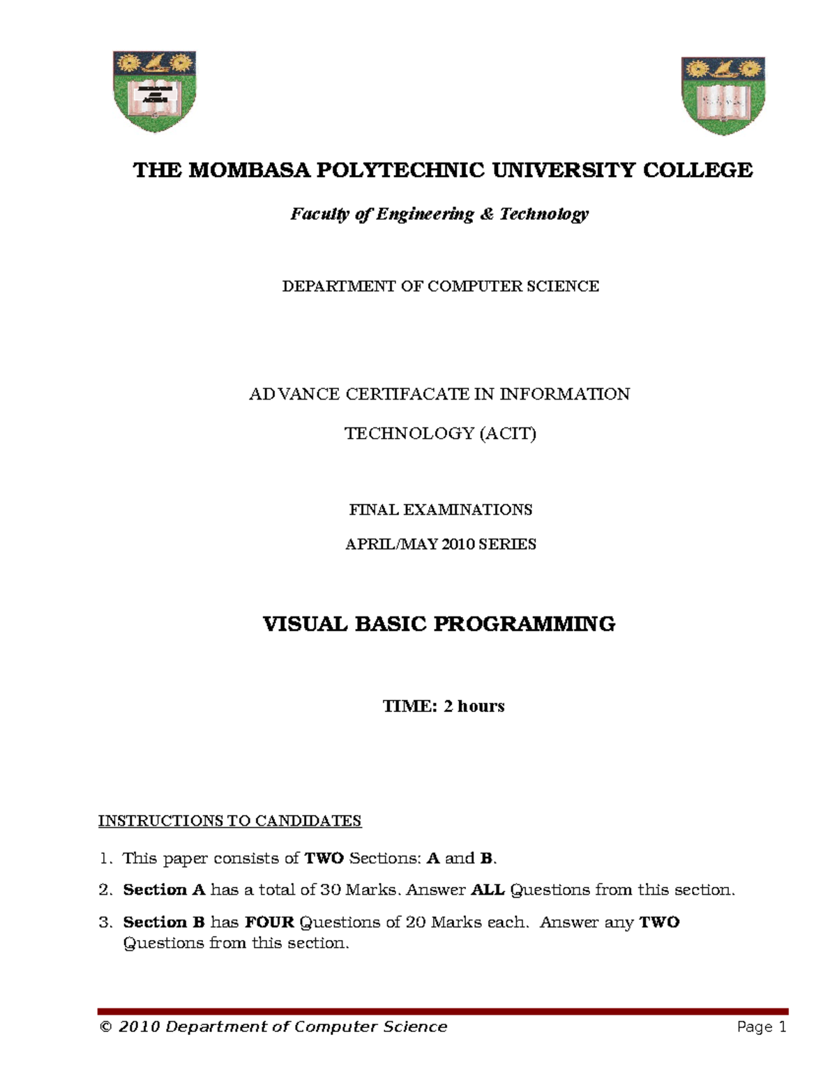 Visual Basic Programming - THE MOMBASA POLYTECHNIC UNIVERSITY COLLEGE Faculty of Engineering ...