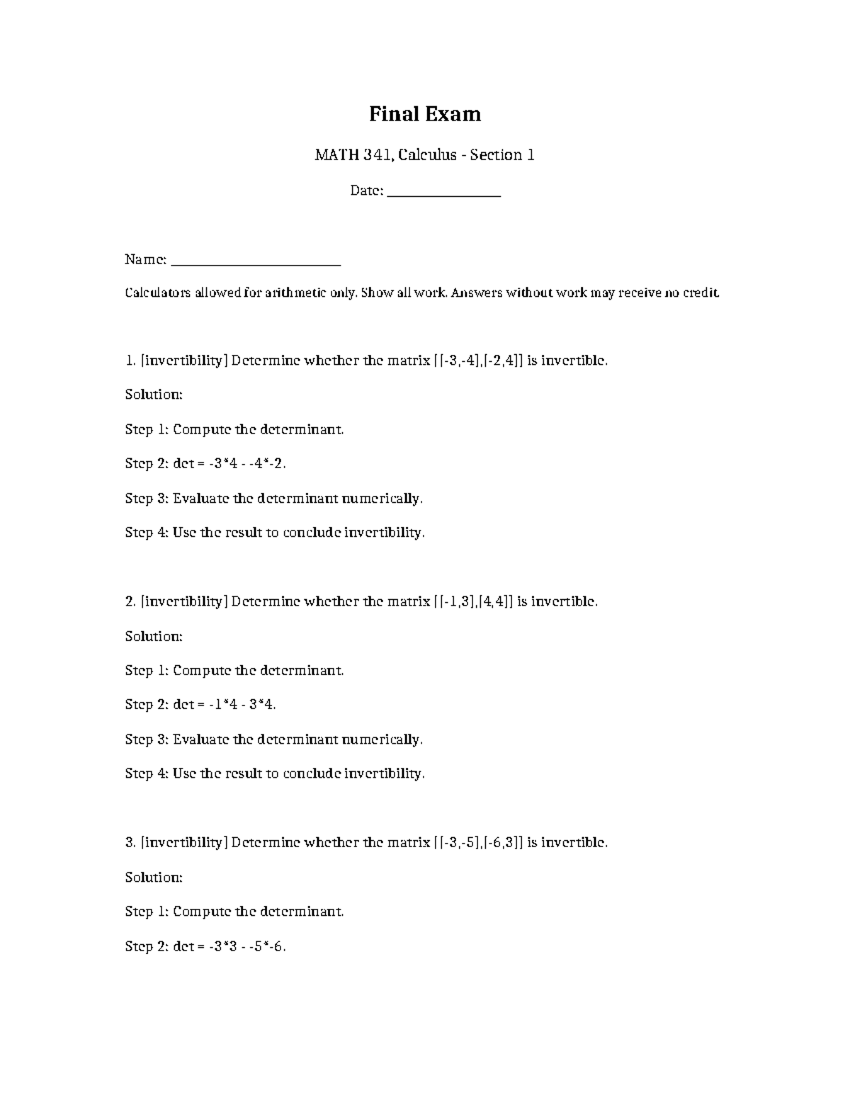 Final Exam Solutions for MATH 341: Matrix Invertibility - Studocu
