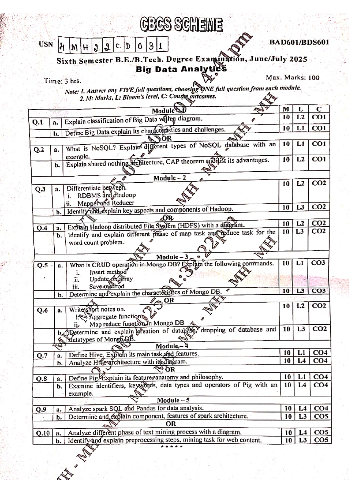 BAD601 Sixth Semester Tech. Degree Exam: Big Data Analytics Paper - Studocu
