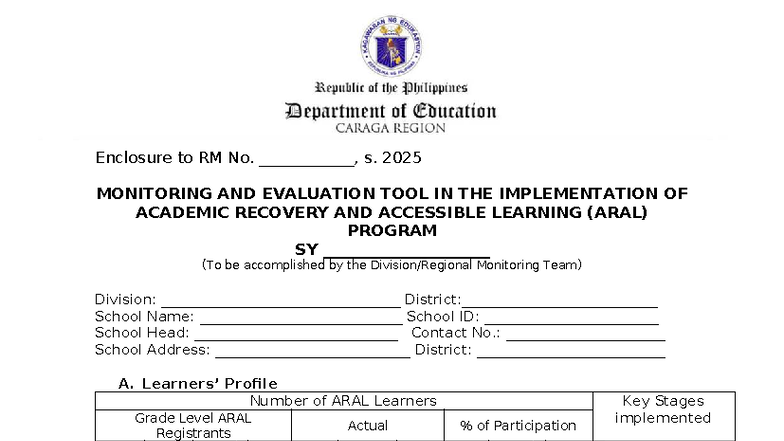 Monitoring and Evaluation Tool for ARAL Program SY 2025 - Studocu