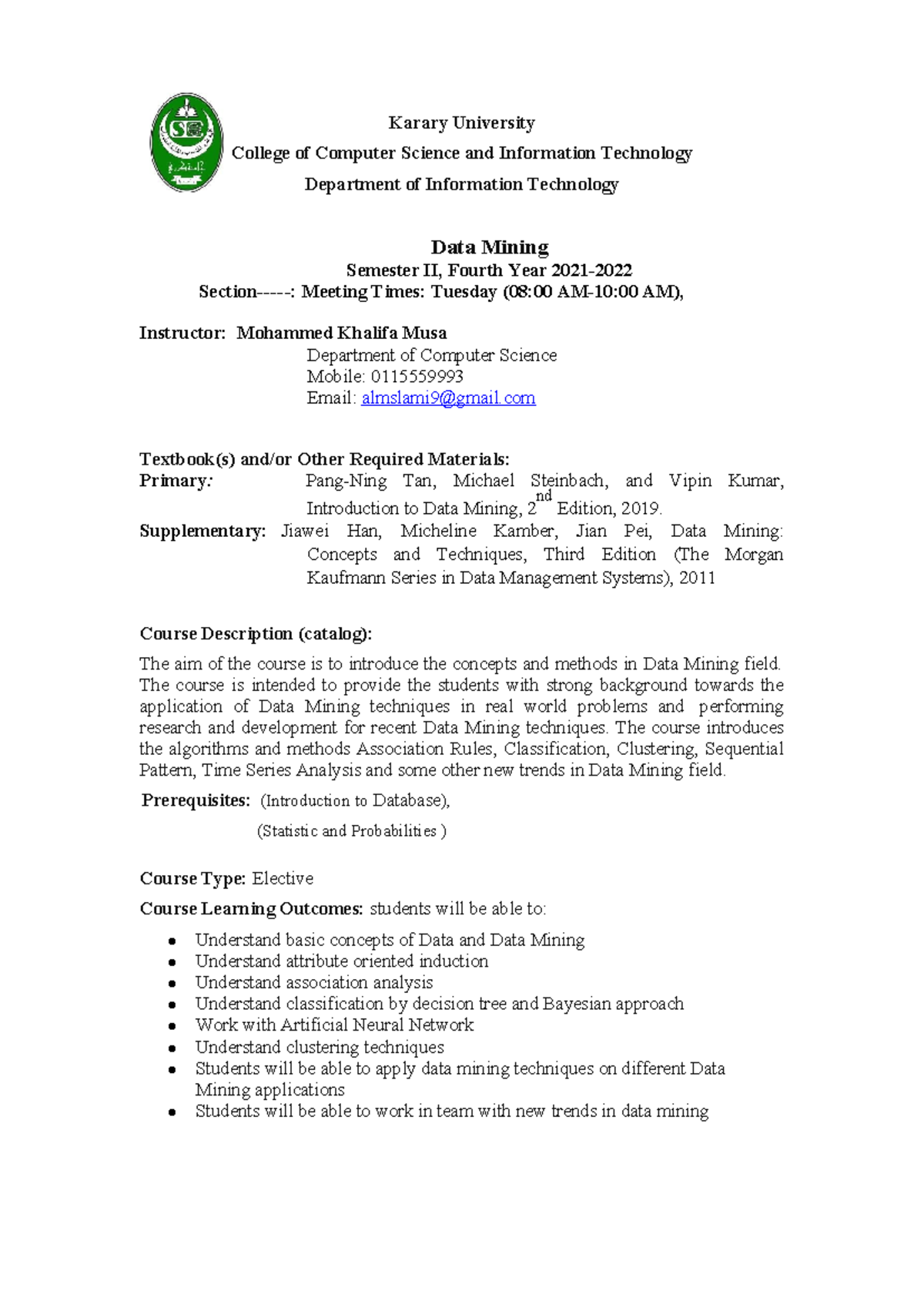 DM Syllabus - system analysis and design course note - Karary ...