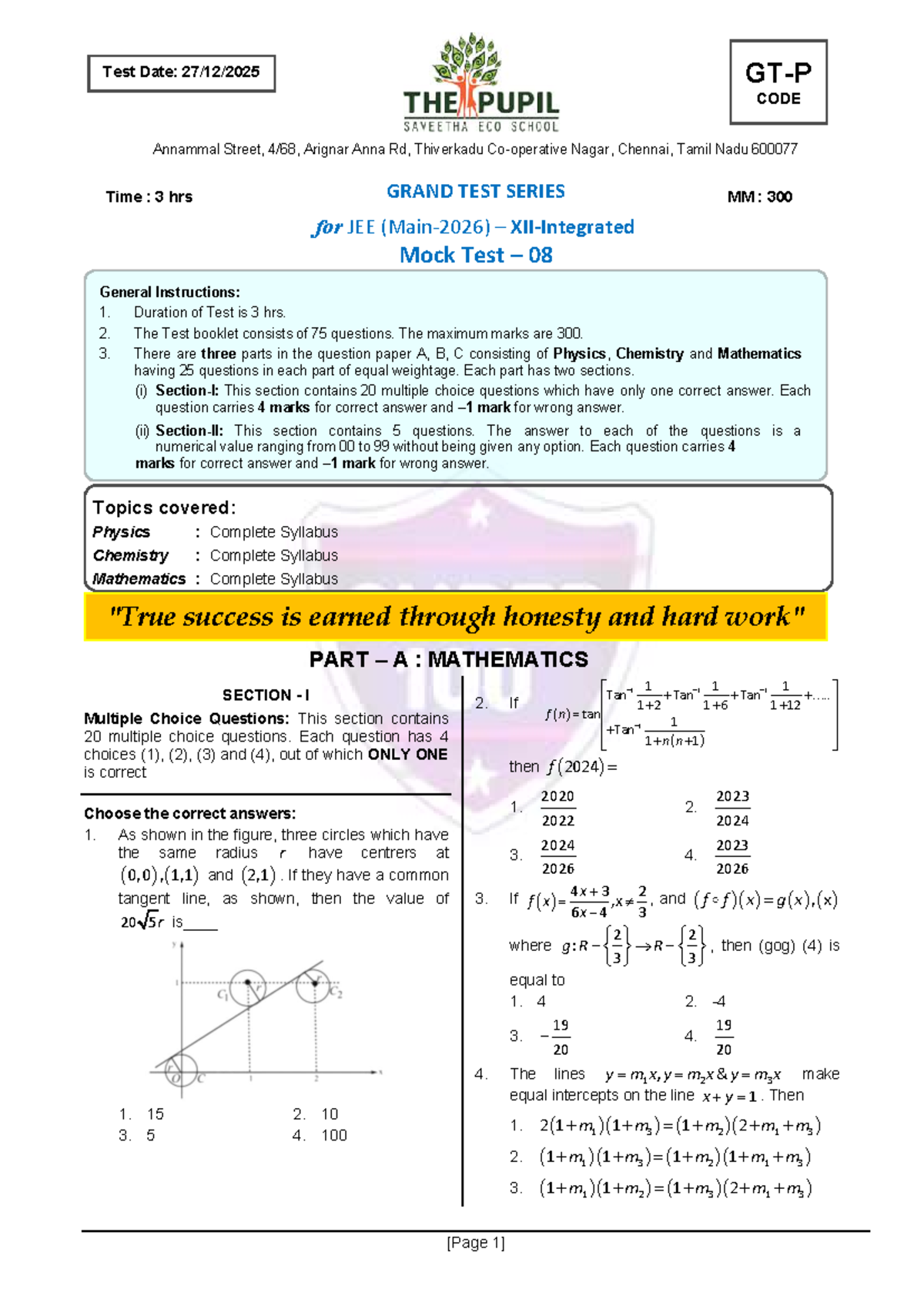 XII GT TEST-08 27-12-2025 Evening Question Paper for JEE - Studocu