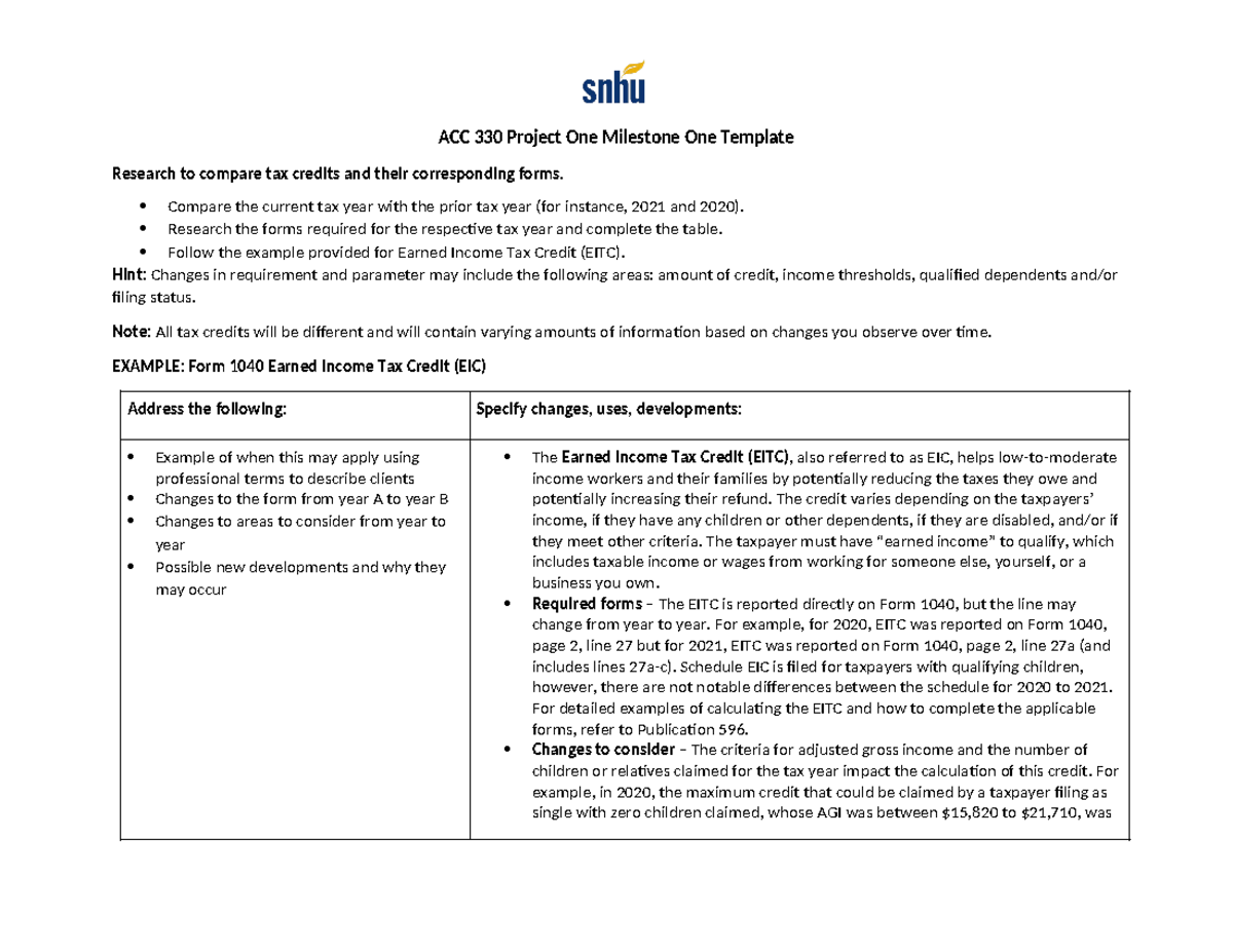 ACC 330 Project One Milestone One: Tax Credit Comparison Analysis - Studocu