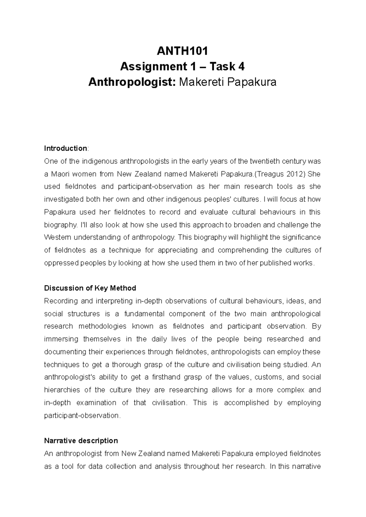 ANTH101 Assignment 1: Makereti Papakura's Use of Fieldnotes in ...
