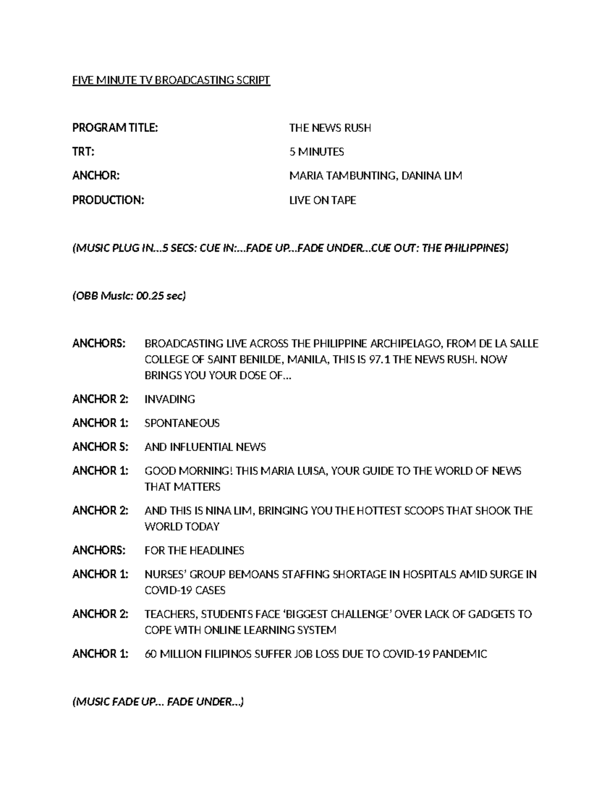 5-Minute Broadcast Script for The News Rush (Live Production) - Studocu