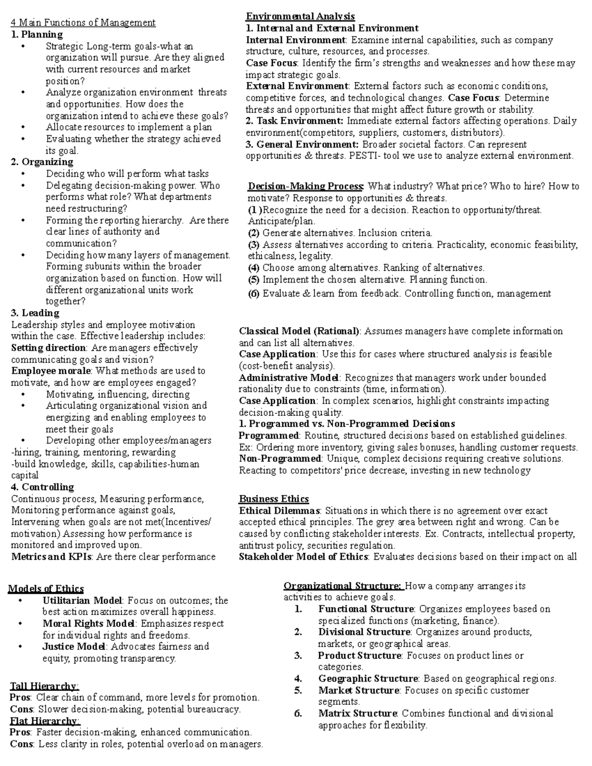 Cheat Sheet for Management Functions - MGT 2130 Midterm - Studocu