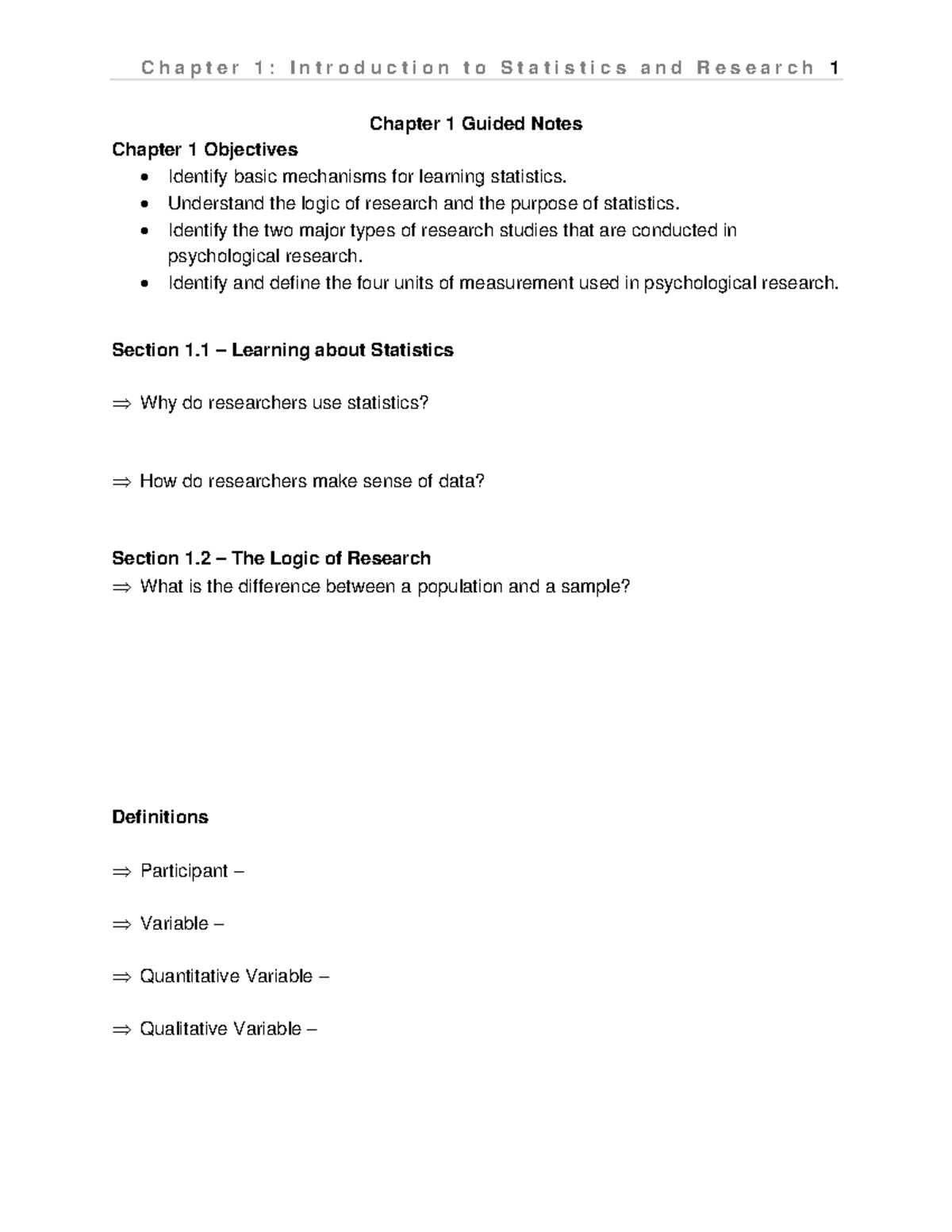 2301 Chapter 1: Intro to Statistics & Research Guided Notes - Studocu