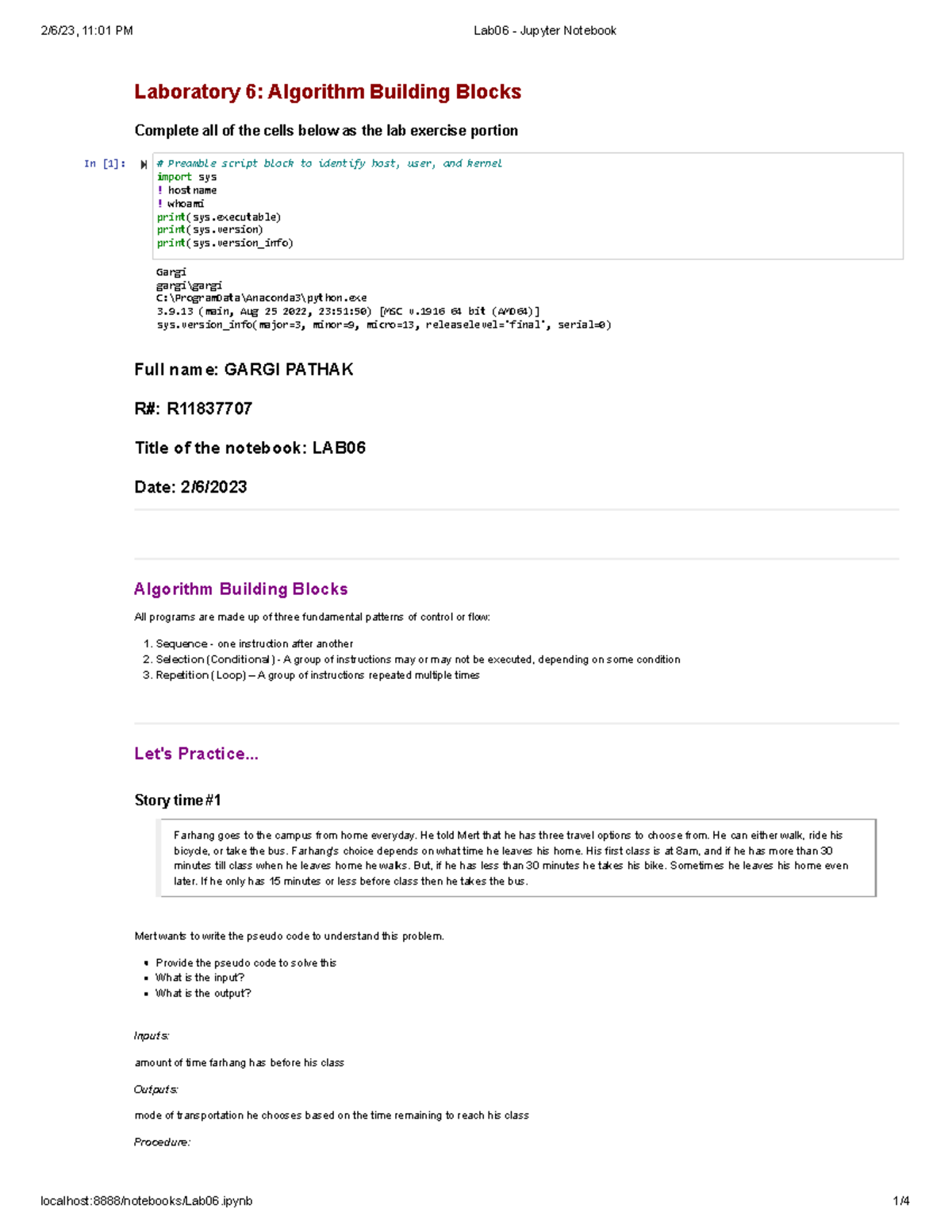 Lab06 Jupyter Notebook Laboratory 6 Algorithm Building Blocks Complete All Of The Cells