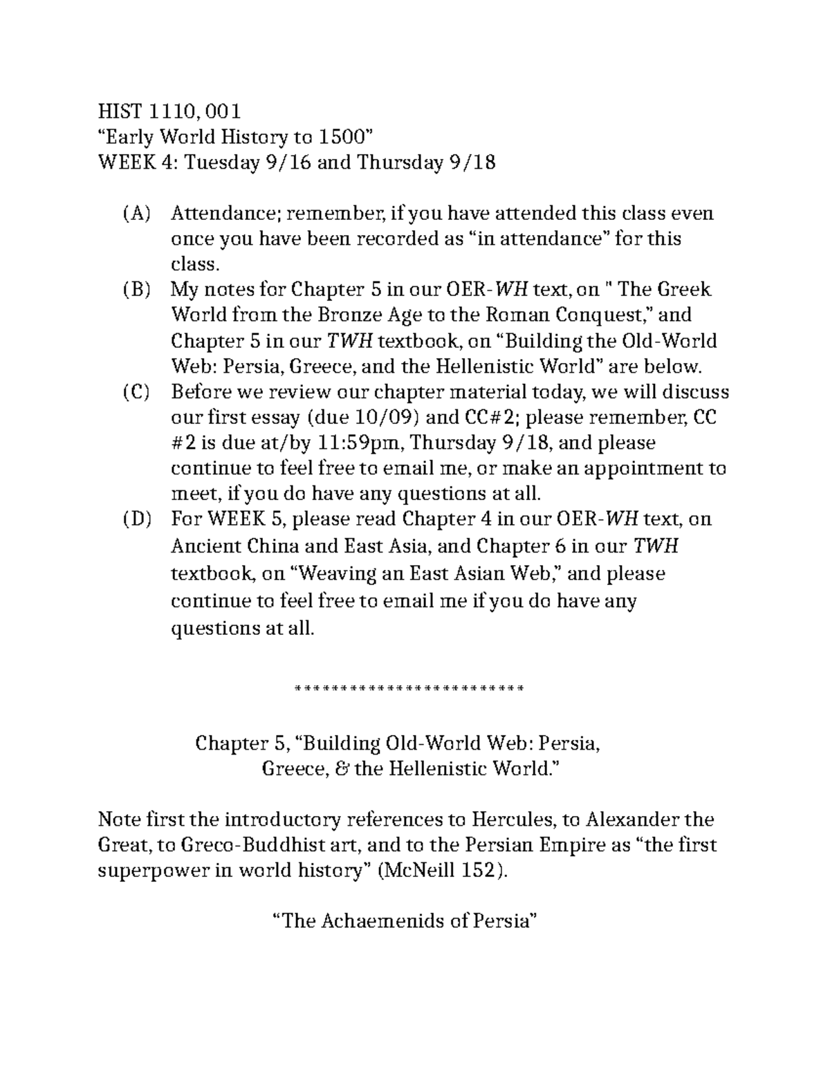 HIST 001 World History: Lecture Notes on Ancient Greece and Persia ...