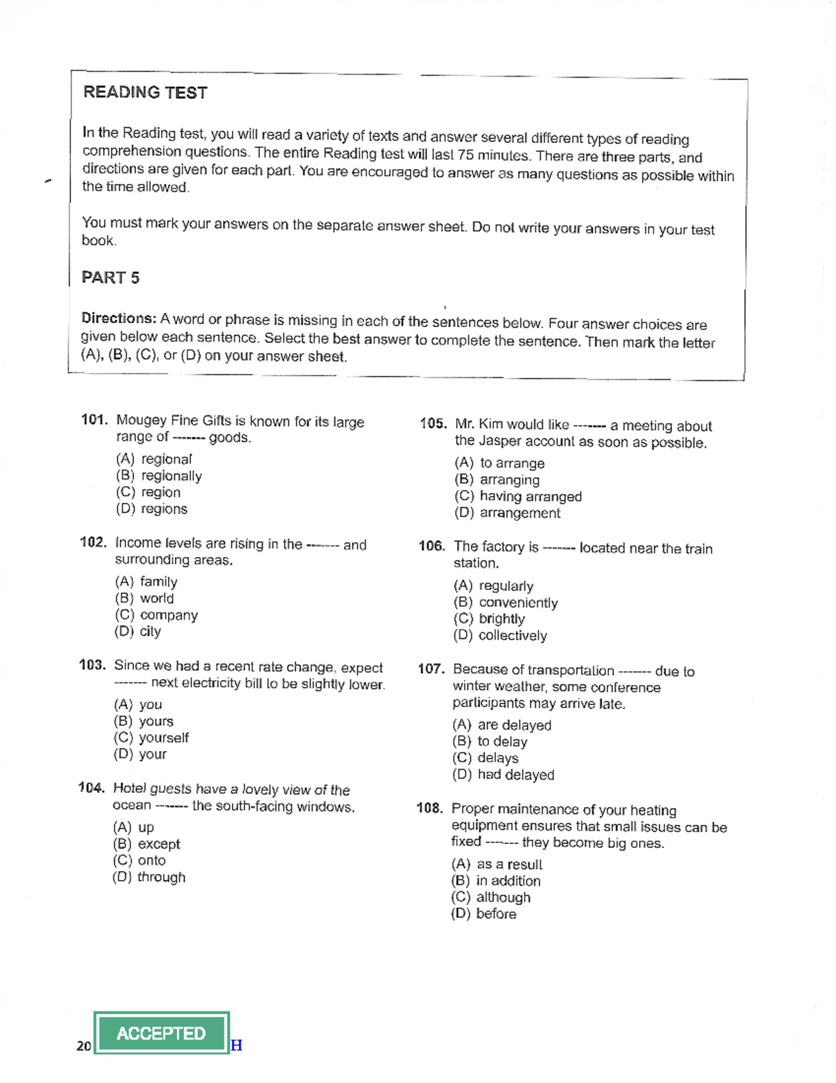 TOEIC PART 5 Practice Questions 101-120 - Studocu
