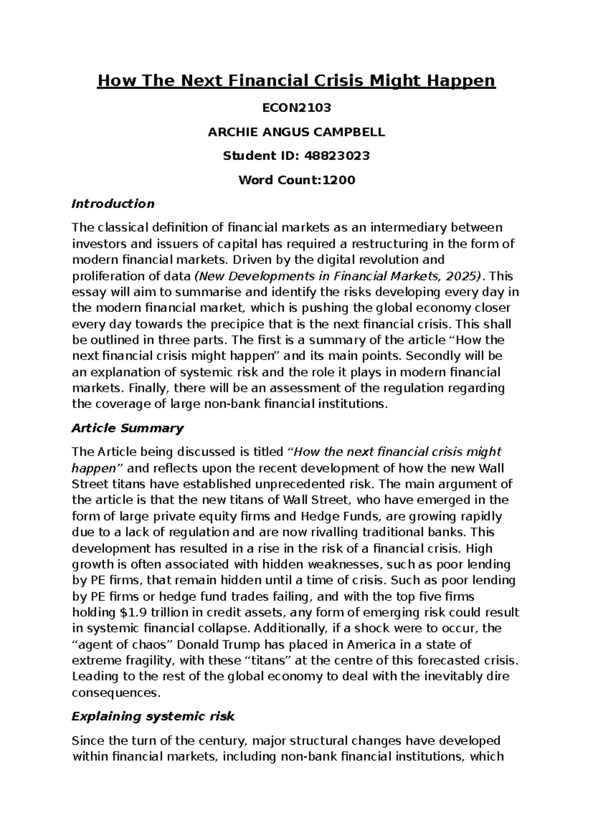 ECON2103 Essay: Risks of the Next Financial Crisis - Studocu
