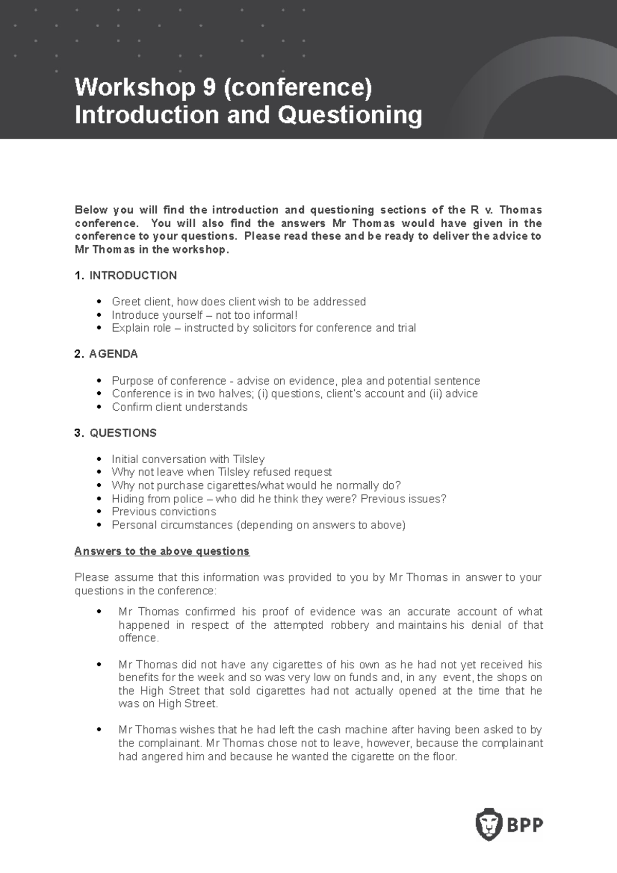 BTC Con W9 R v. Thomas - Conference Questions & Client's Responses ...