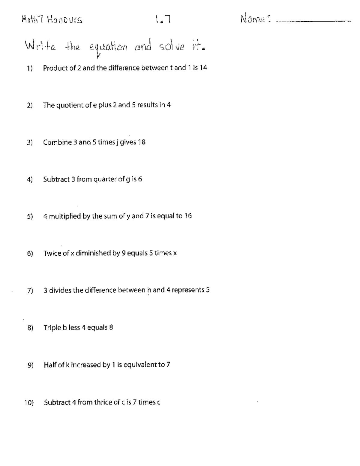 Math7 Honours 1.7 Equations Worksheet: Solve the Problems - Studocu
