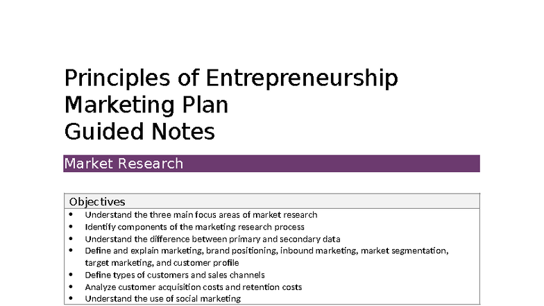 Principles of Entrepreneurship MKT 101: Guided Notes on Marketing Plan ...