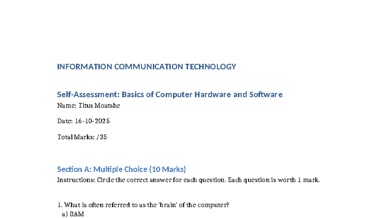 ICT 101: Basics of Computer Hardware & Software - Revision Questions - Studocu