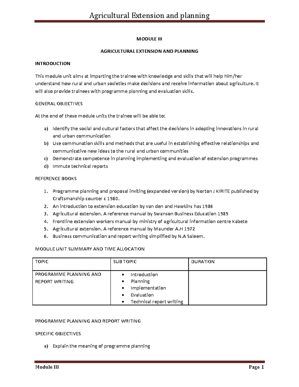 AGR 202: Module III - Agricultural Extension Planning and Evaluation - Studocu