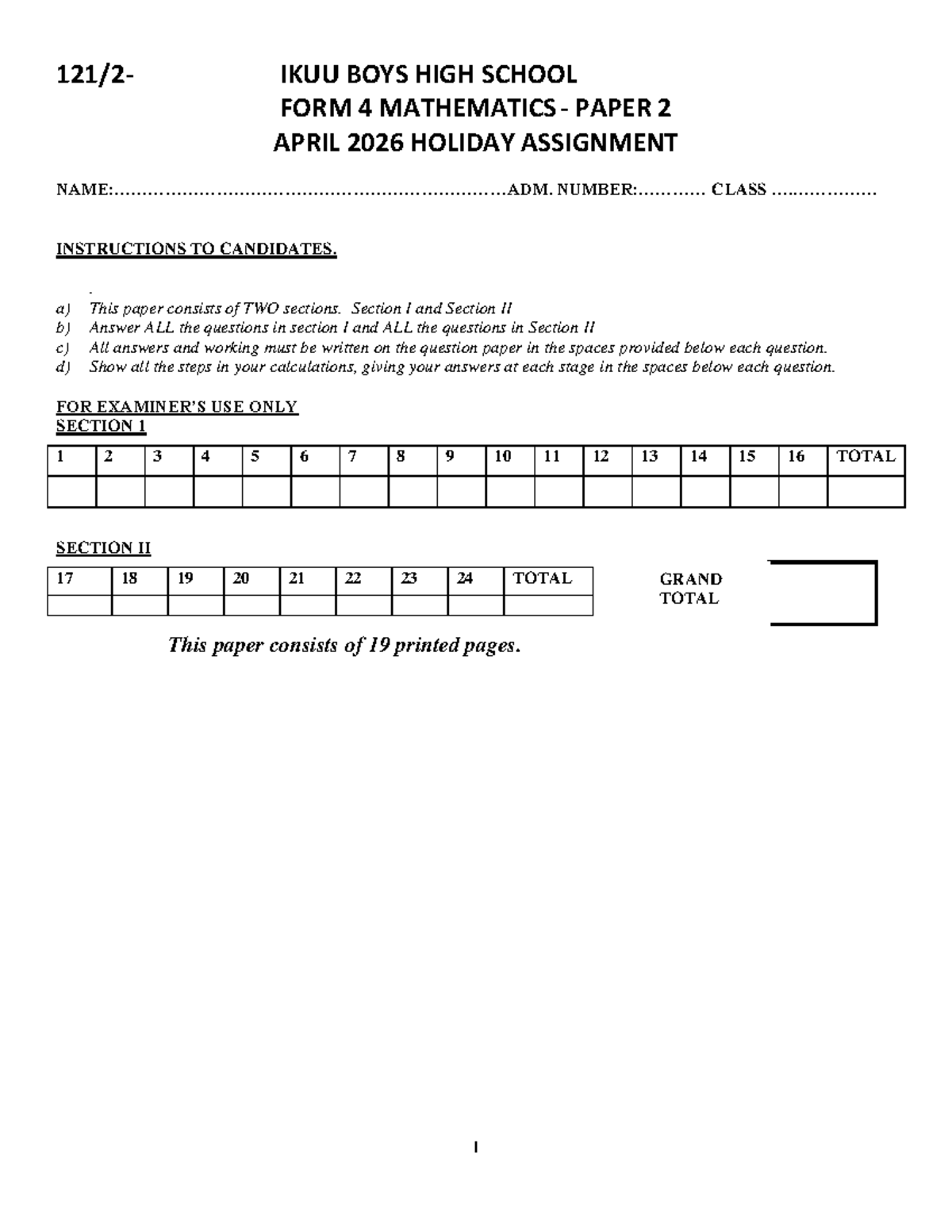 April 2026 Holiday Assignment: Form 4 Mathematics Paper 2 - Studocu