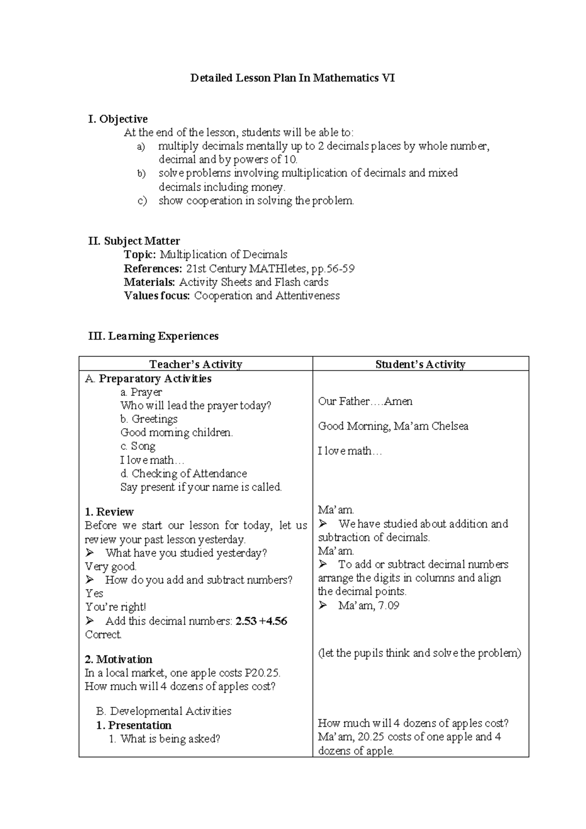 Detailed Lesson Plan in MATH VI: Multiplying Decimals Effectively - Studocu