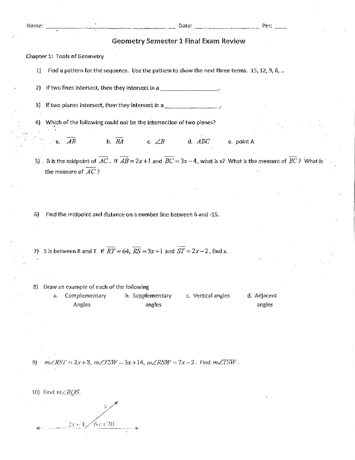 Geometry Semester 1 Final Exam Review: Topics from Chapters 1-5 - Studocu