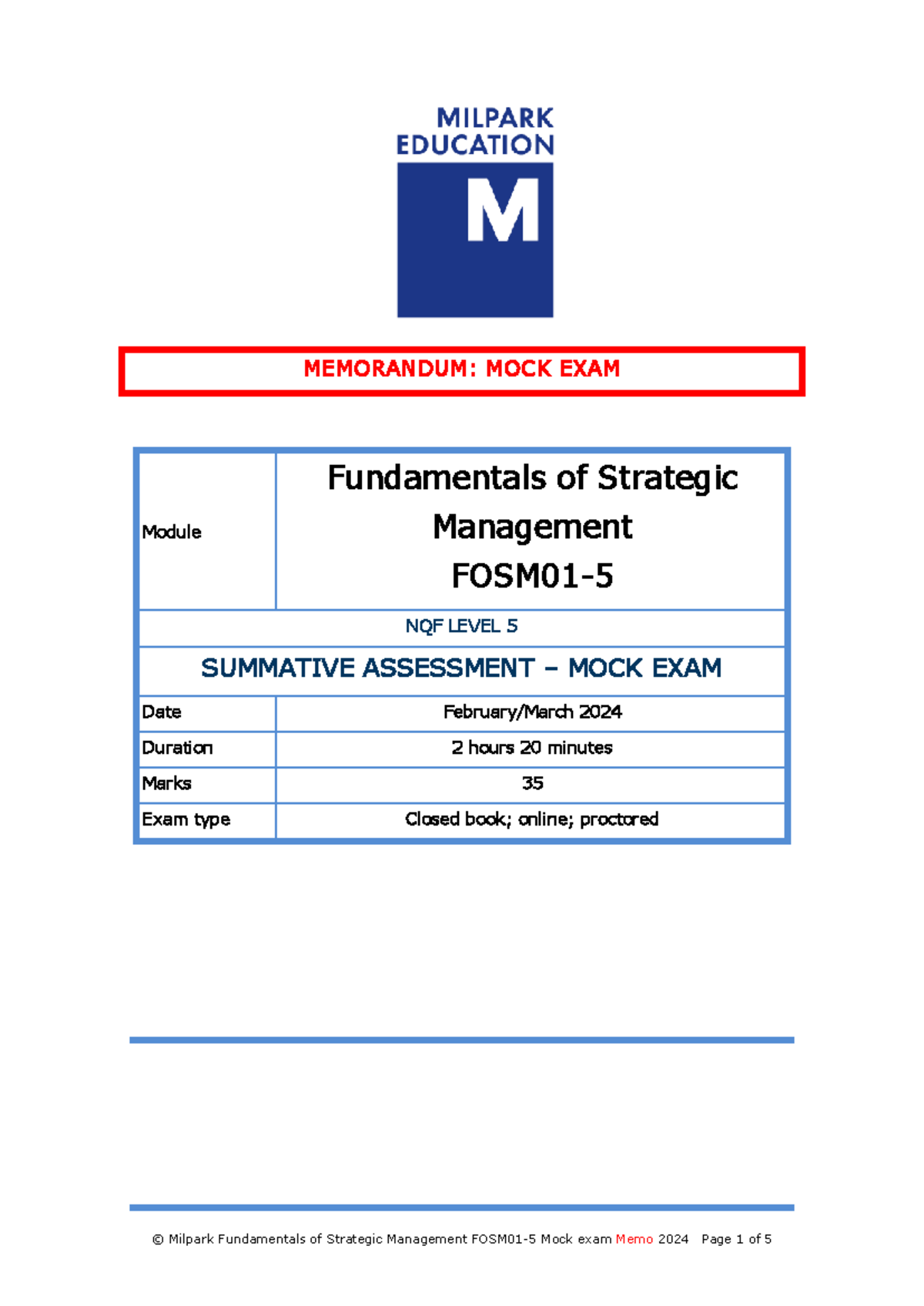 Mock Exam Memo: Strategic Management FOSM01-5 - Feb/March 2024 - Studocu