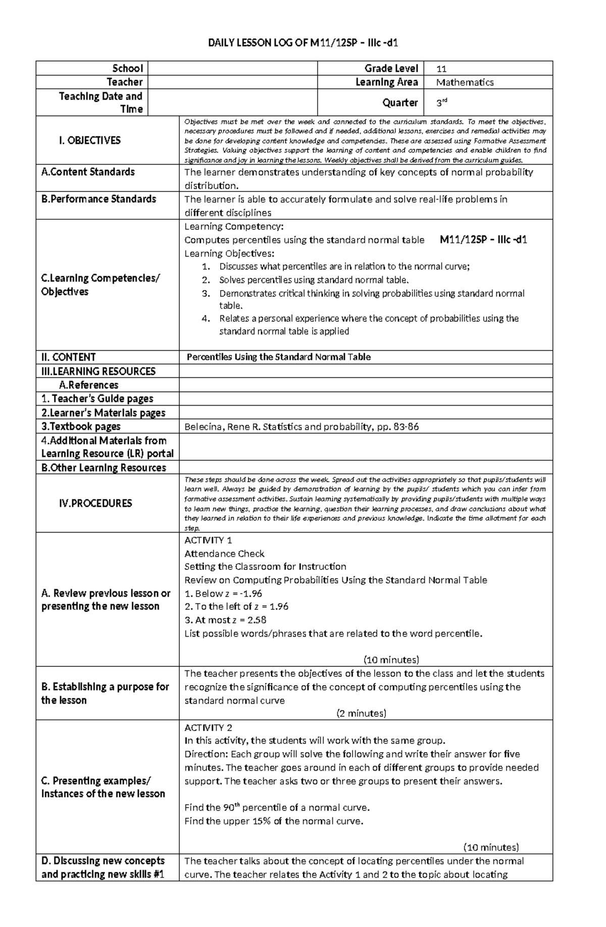 SP III-13 - Daily Lesson Log: Teaching Percentiles in Statistics - Studocu