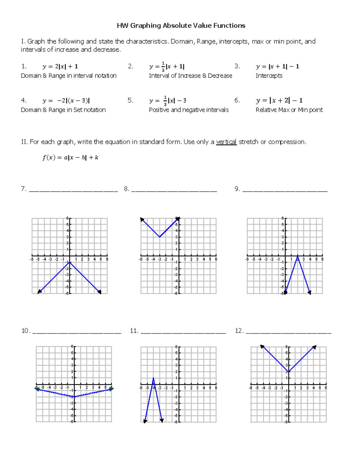 1B.3 HW: Graphing and Analyzing Absolute Value Functions - Studocu