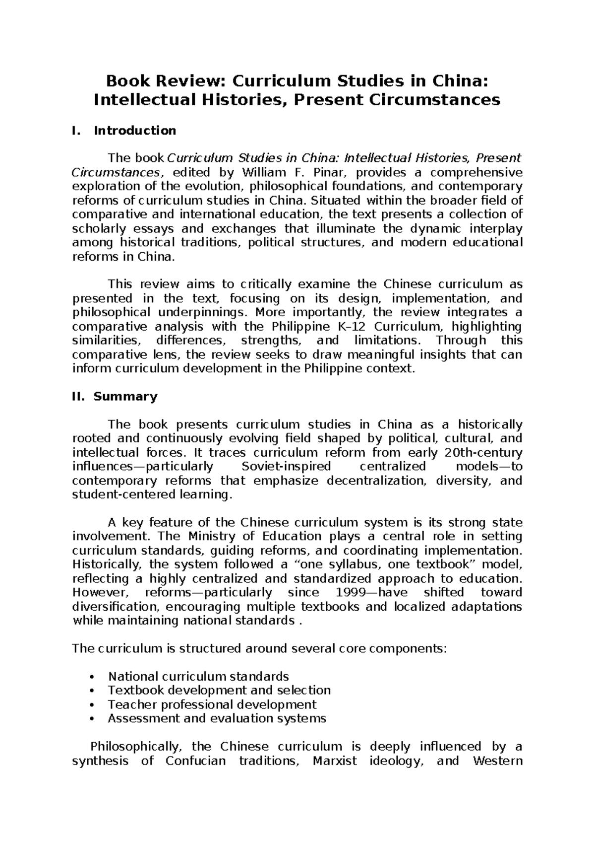 Book Review: Curriculum Studies in China & Philippines Insights - Studocu
