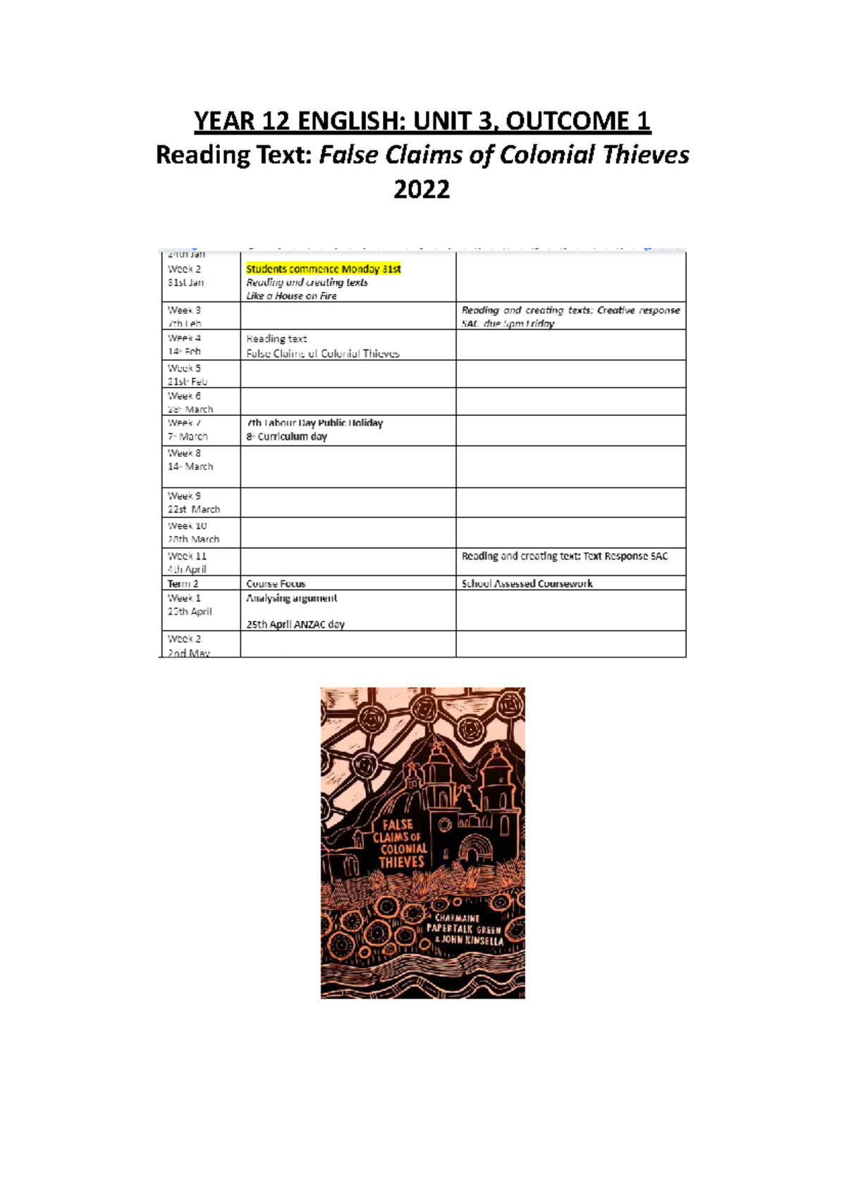Year 12 English: Unit 3 Outcome 1 - False Claims of Colonial Thieves ...