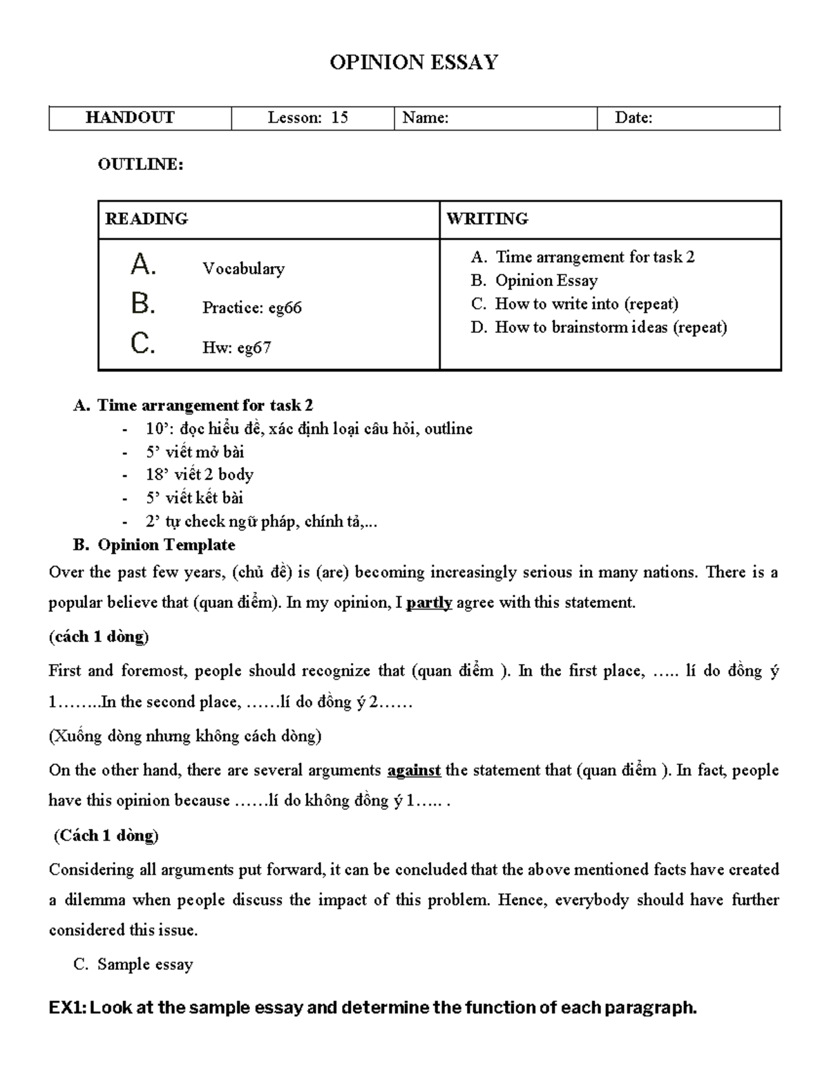 OPINION ESSAY HANDOUT: Lesson 15 - Writing Structure & Tips - Studocu