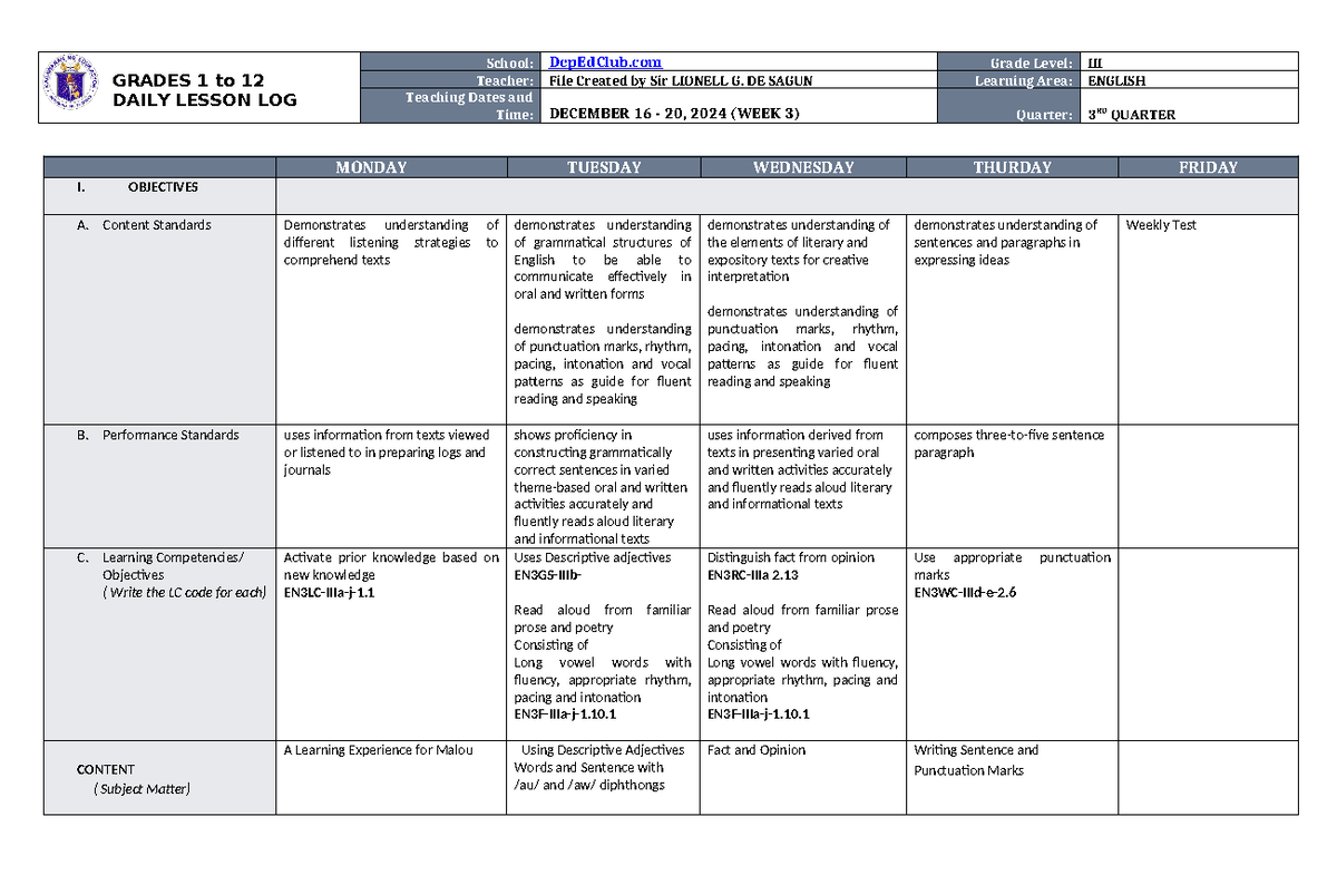 DLL English 3 Q3 W3 - nmllkl - GRADES 1 to 12 DAILY LESSON LOG School ...