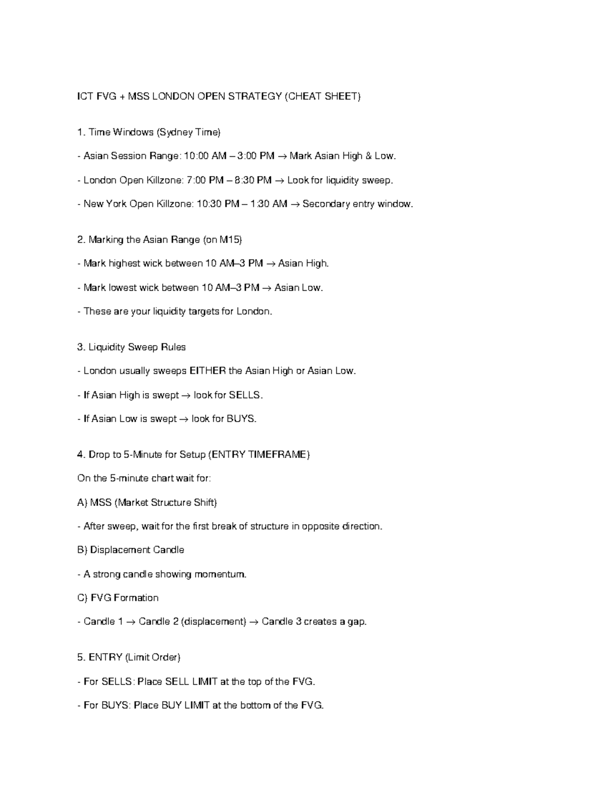 ICT FVG MSS London Open Strategy Cheat Sheet for Trading - Studocu