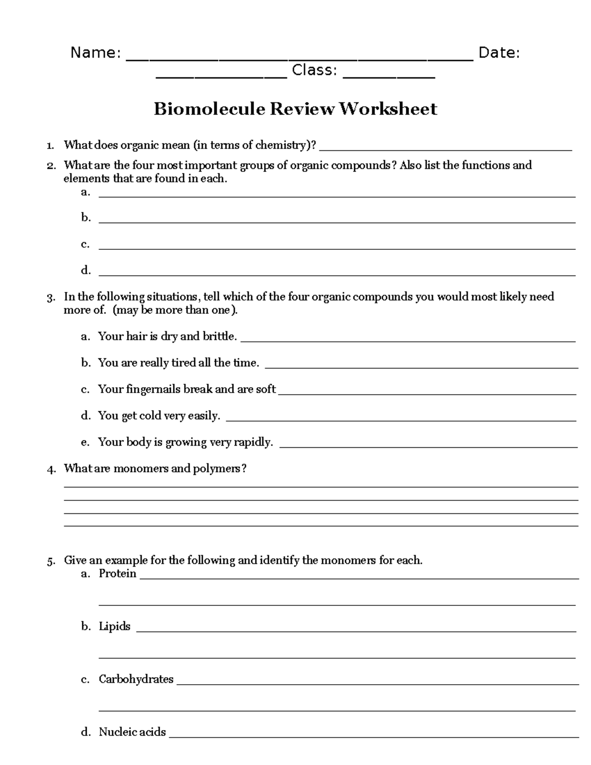 Biomolecule Review Worksheet DSW-1: Key Concepts and Functions - Studocu