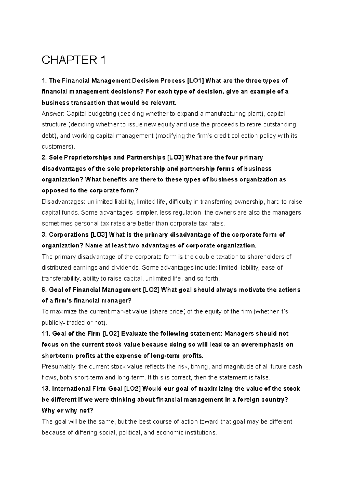 Answer to concept questions - CHAPTER 1 The Financial Management ...
