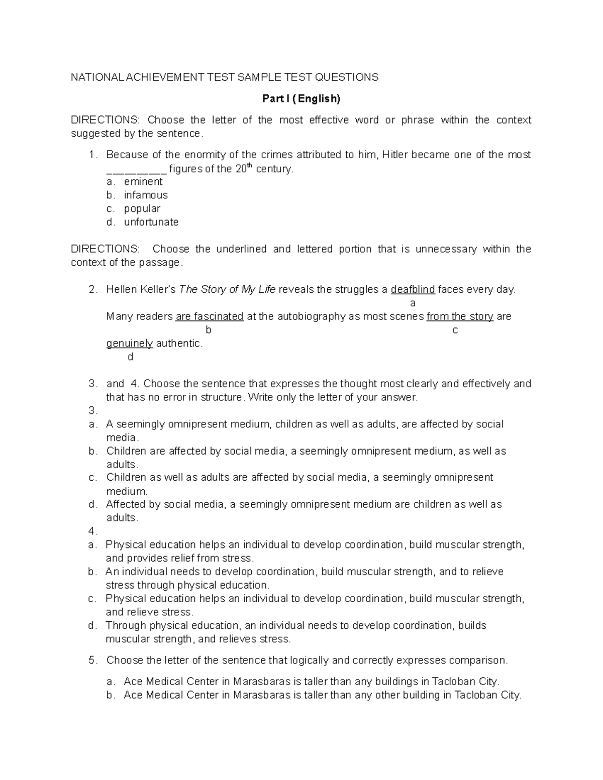 NAT-Grade 12 Sample Test Questions for National Achievement Test - Studocu