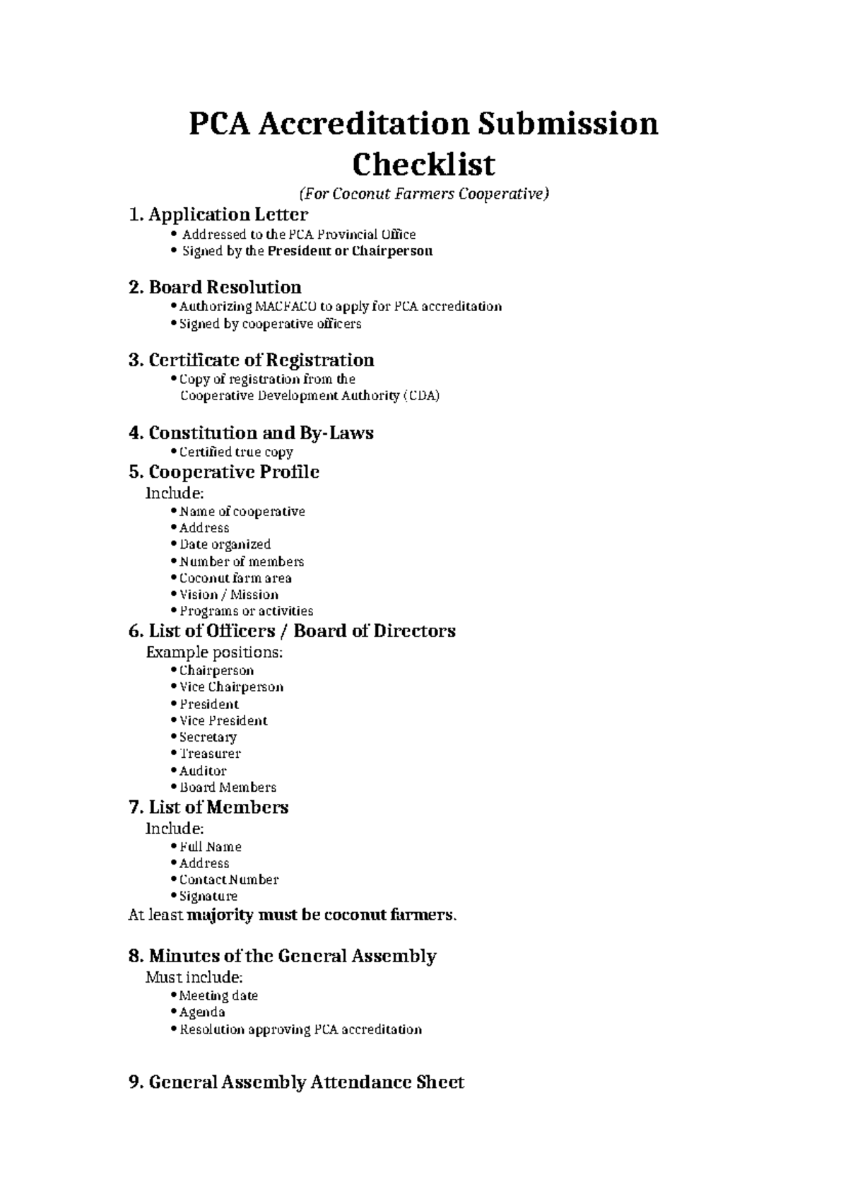 PCA Accreditation Submission Checklist for Coconut Farmers Coop - Studocu