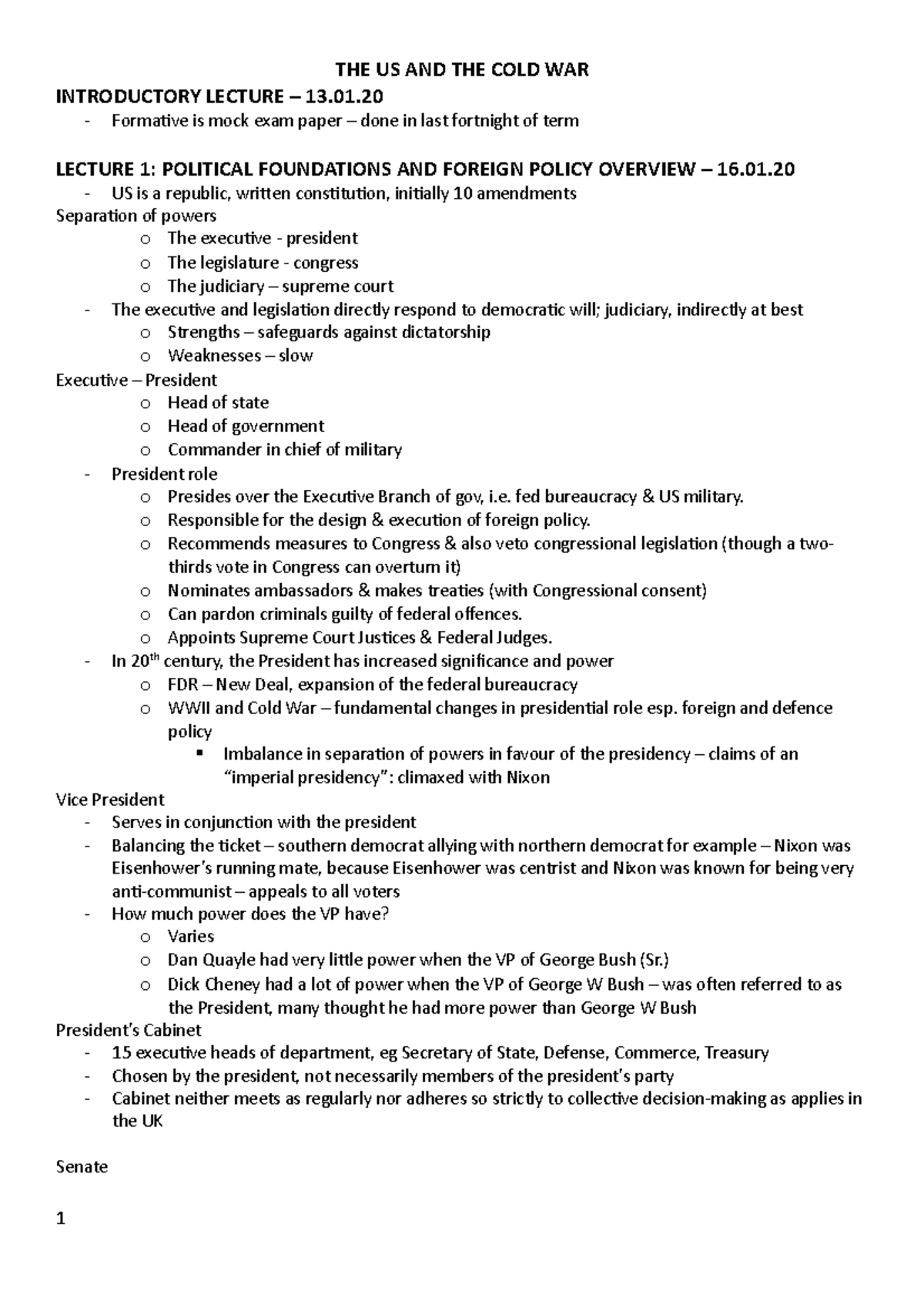 Lecture Notes on US Political Foundations and Cold War (HIST 101) - Studocu