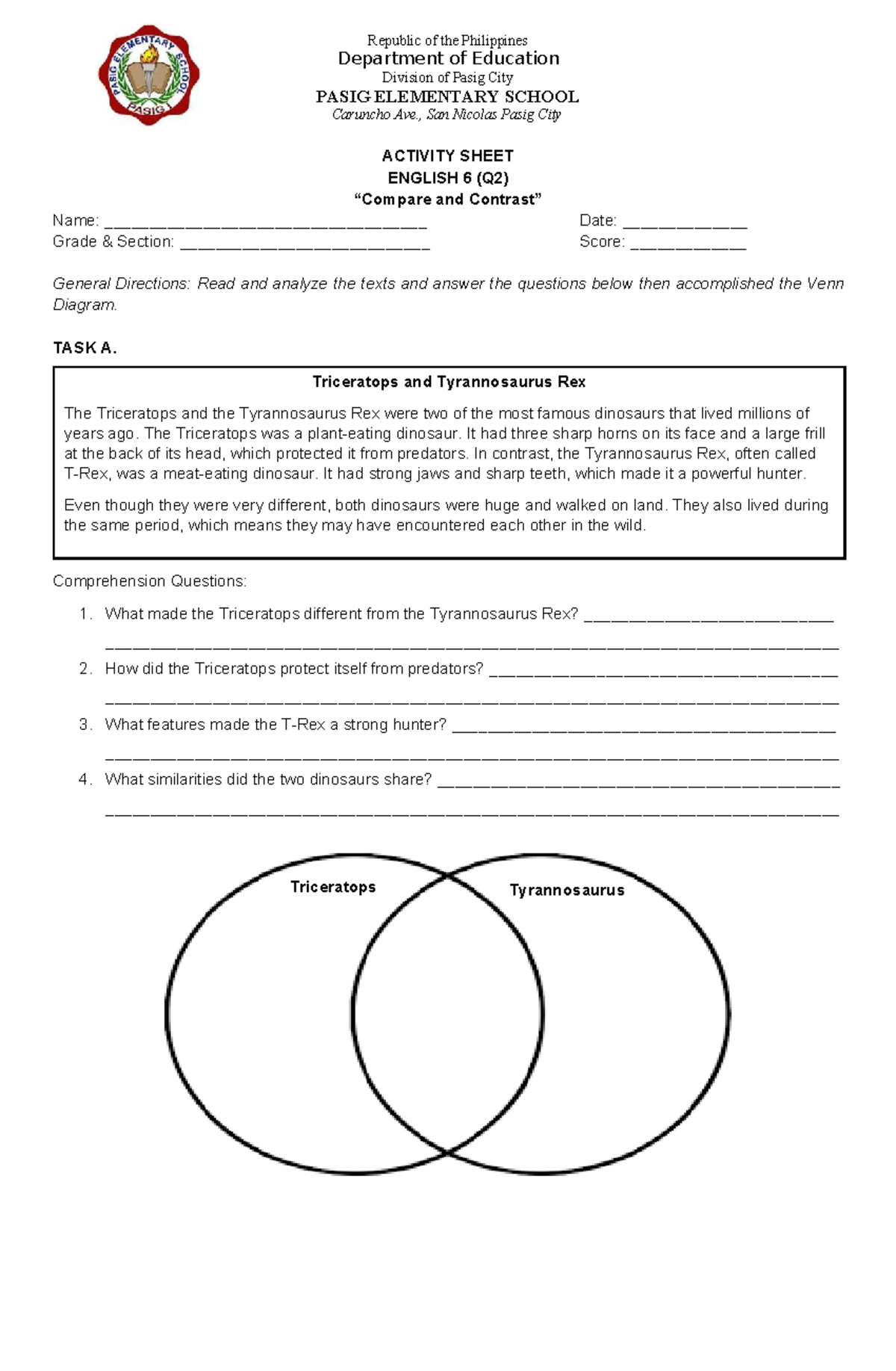 ENG6 Q2 Activity Sheet: Compare & Contrast Triceratops vs. T. Rex - Studocu