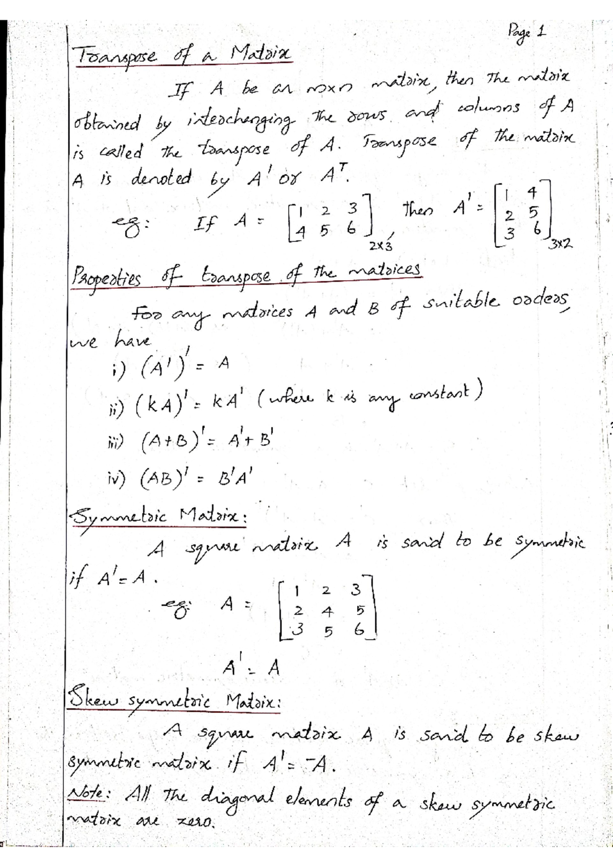 Note4 Transpose of a Matrix - Page 1 Transpose of a Matrix If A be an ...