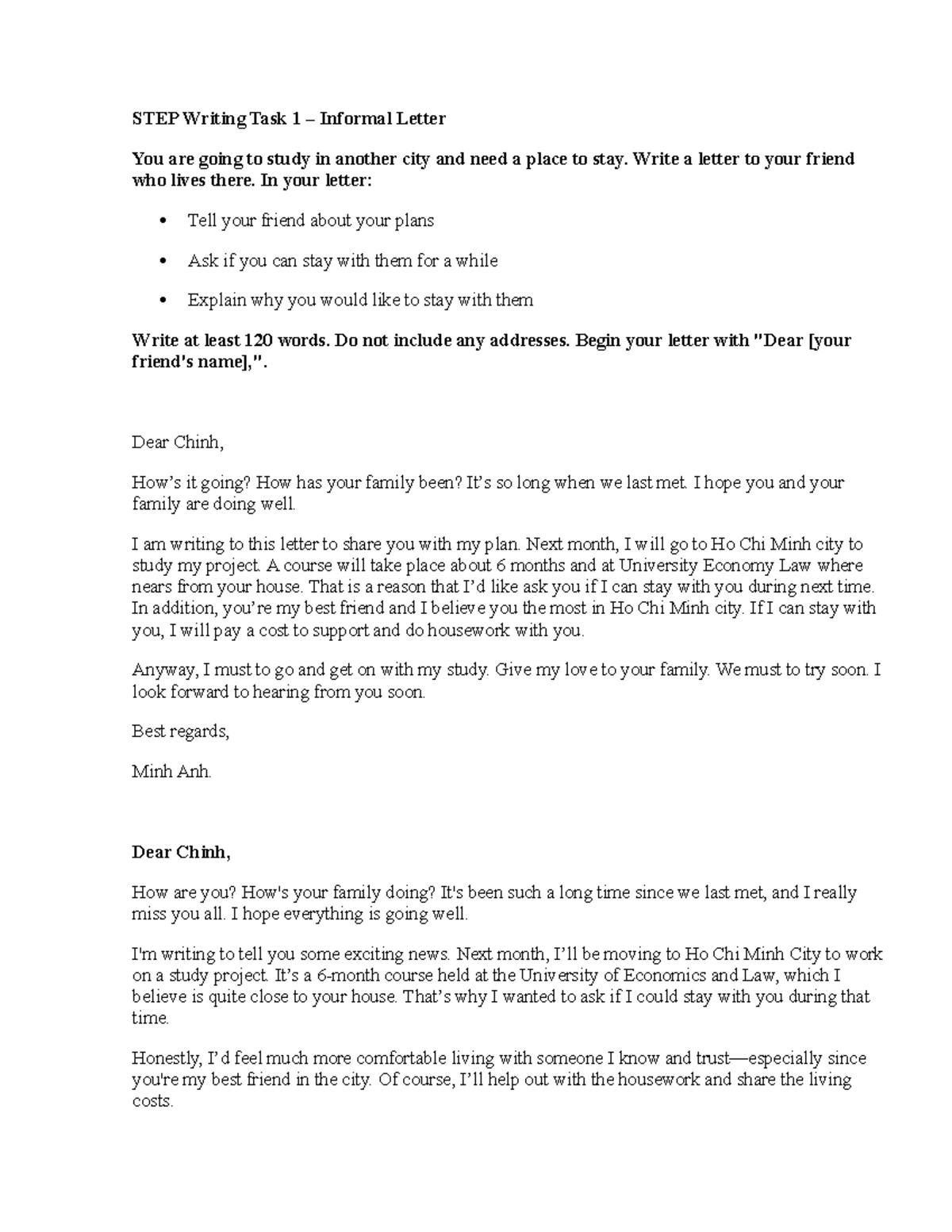 STEP Writing Task 1 - Informal Letter & Feedback - Studocu