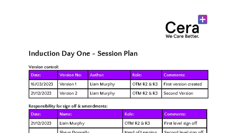 Induction Day 1 Session Plan for Care Support Workers (OTM R2 R3) - Studocu