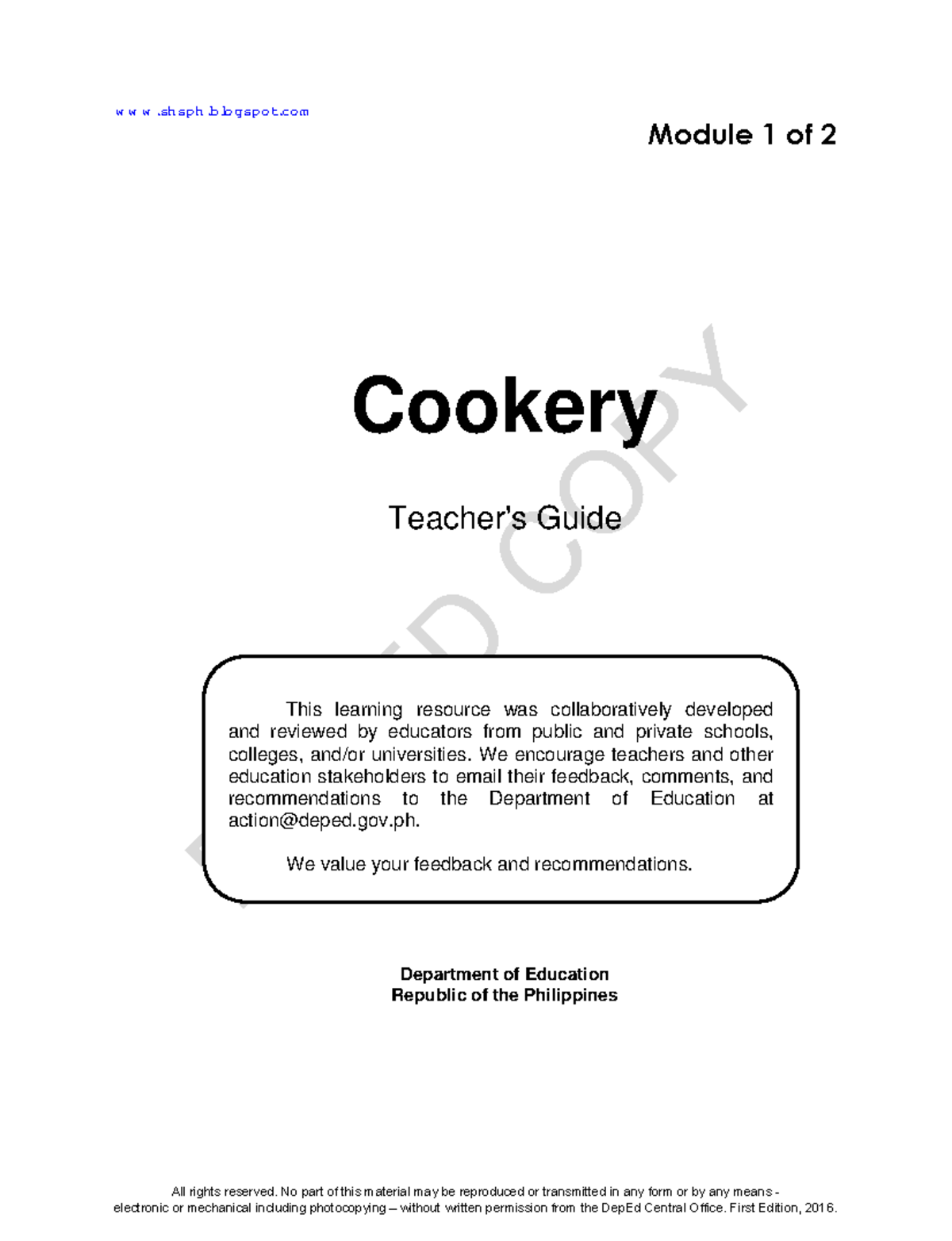 Cookery TG Mod.1 SHS v - DEPED COPY Module 1 of 2 Cookery Teacher's ...
