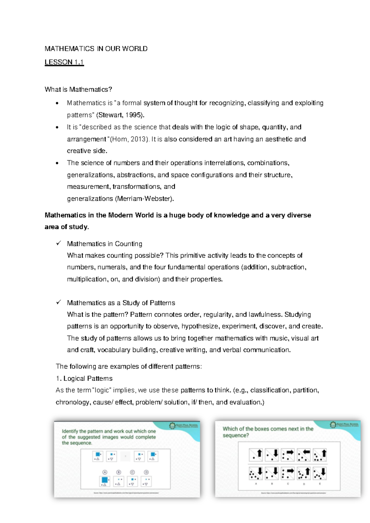 MMWorld - Mathematics Lesson 1: Exploring Patterns and Nature - Studocu