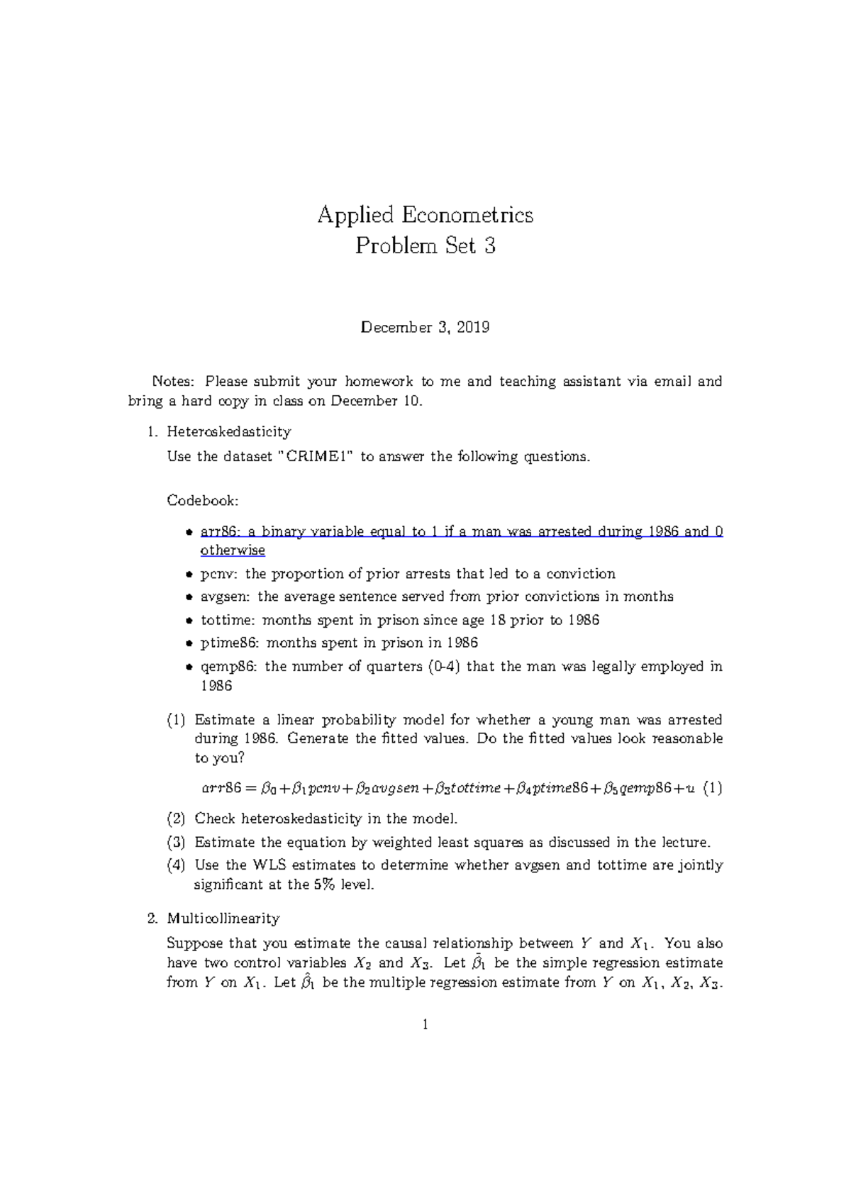 Applied Econometrics - Homework 3: Linear Models & Multicollinearity ...